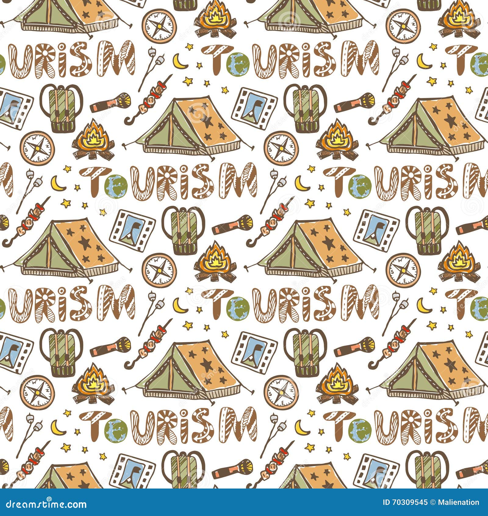 Hand Drawn Sketched Pattern with Camping Elements. Summer Camp ...