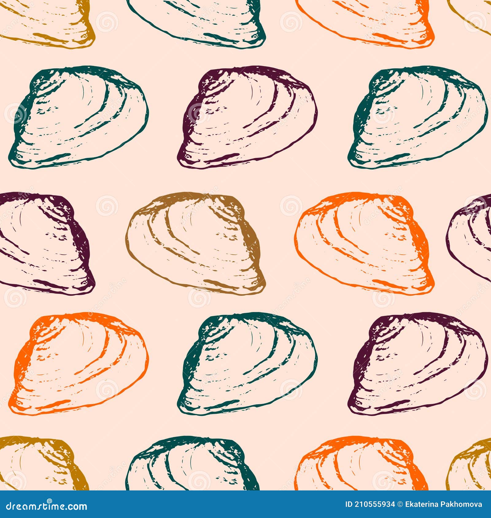 Hand Drawn Sketched Sea Shells in a Horizontal Rows Seamless Pattern on ...