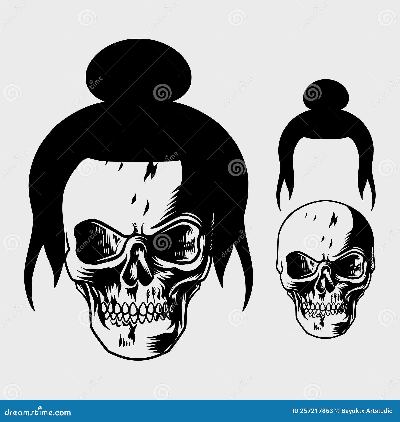 Hand Drawn Skull with Cool Bun Hairstyle Stock Vector - Illustration of ...
