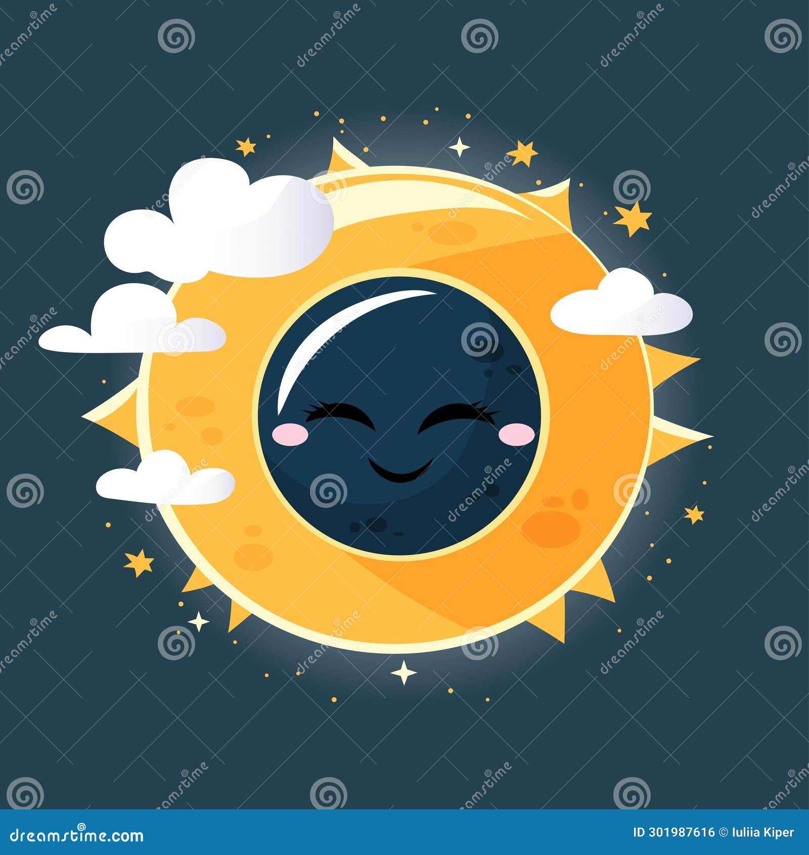 Hand Drawn Solar Eclipse Concept. Cute Vector Design with Smiling Moon ...