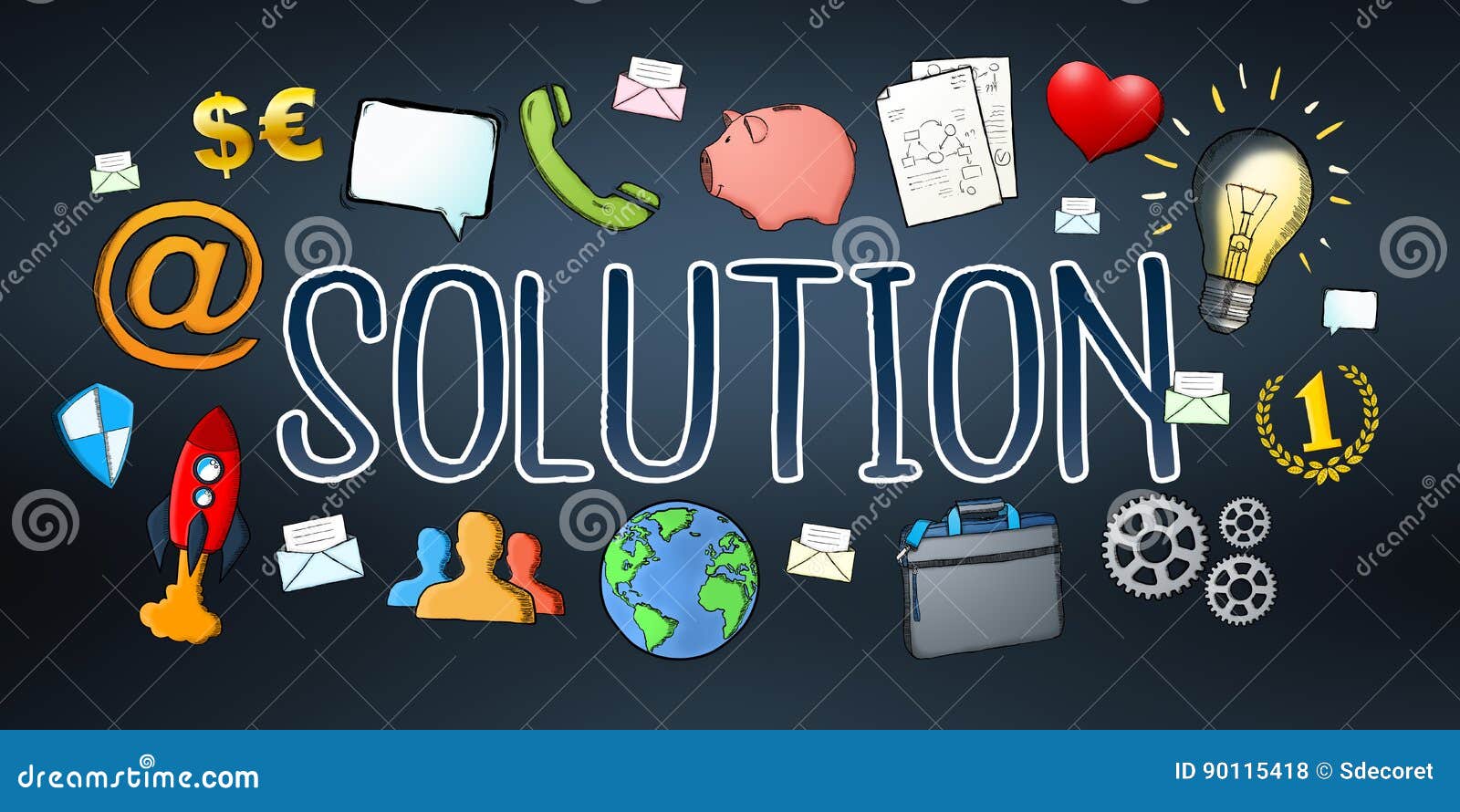 Hand-drawn Solution Text with Icons Stock Illustration - Illustration ...