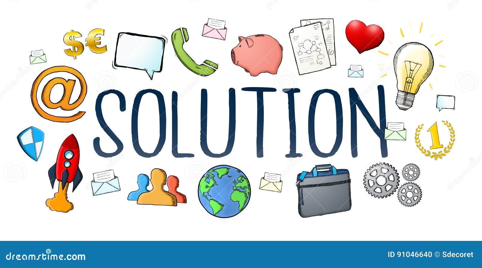 Hand-drawn Solution Text with Icons Stock Illustration - Illustration ...