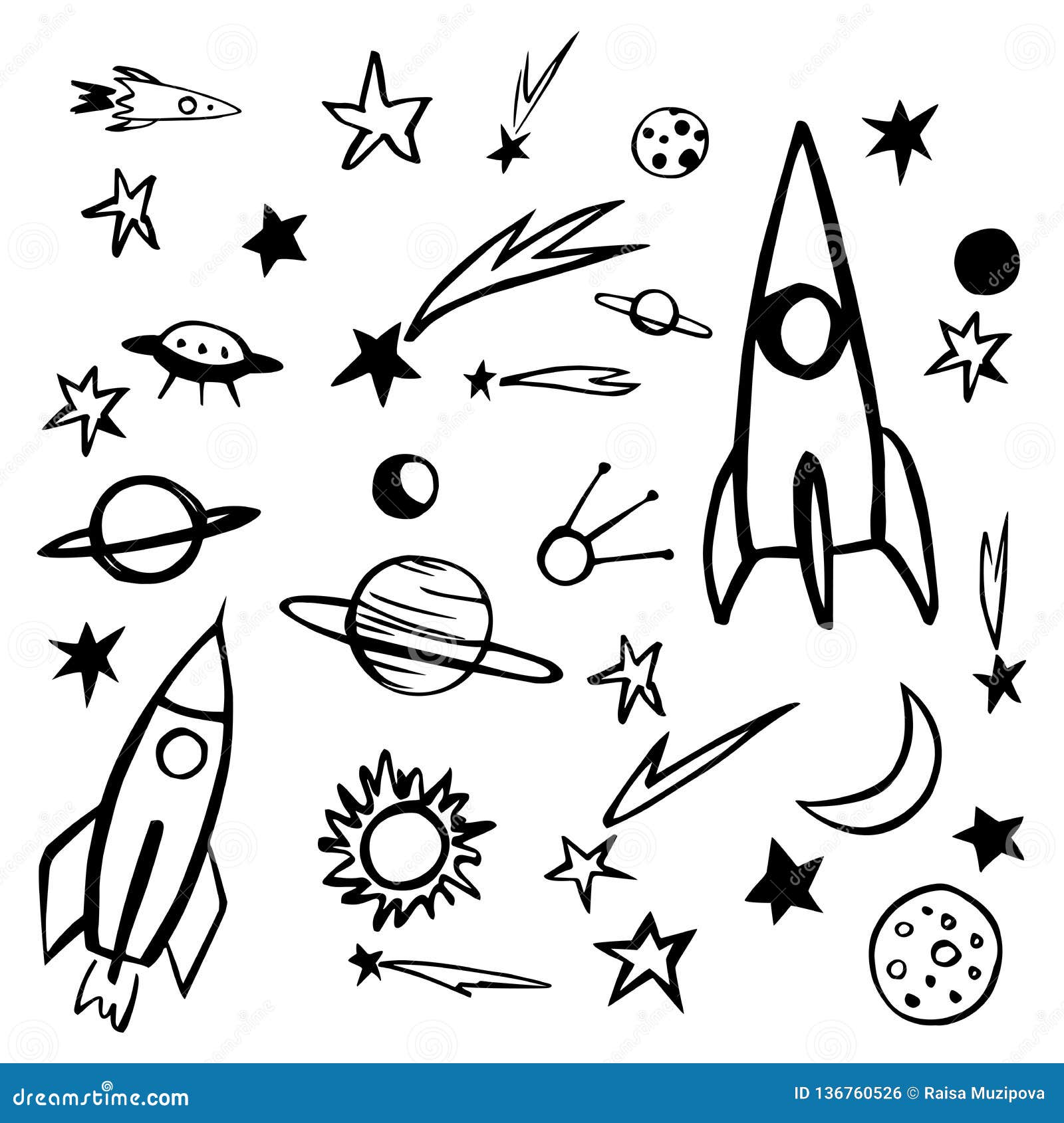 Hand Drawn Space Objects. Planets, Comets, Rockets.Vector Sketch ...