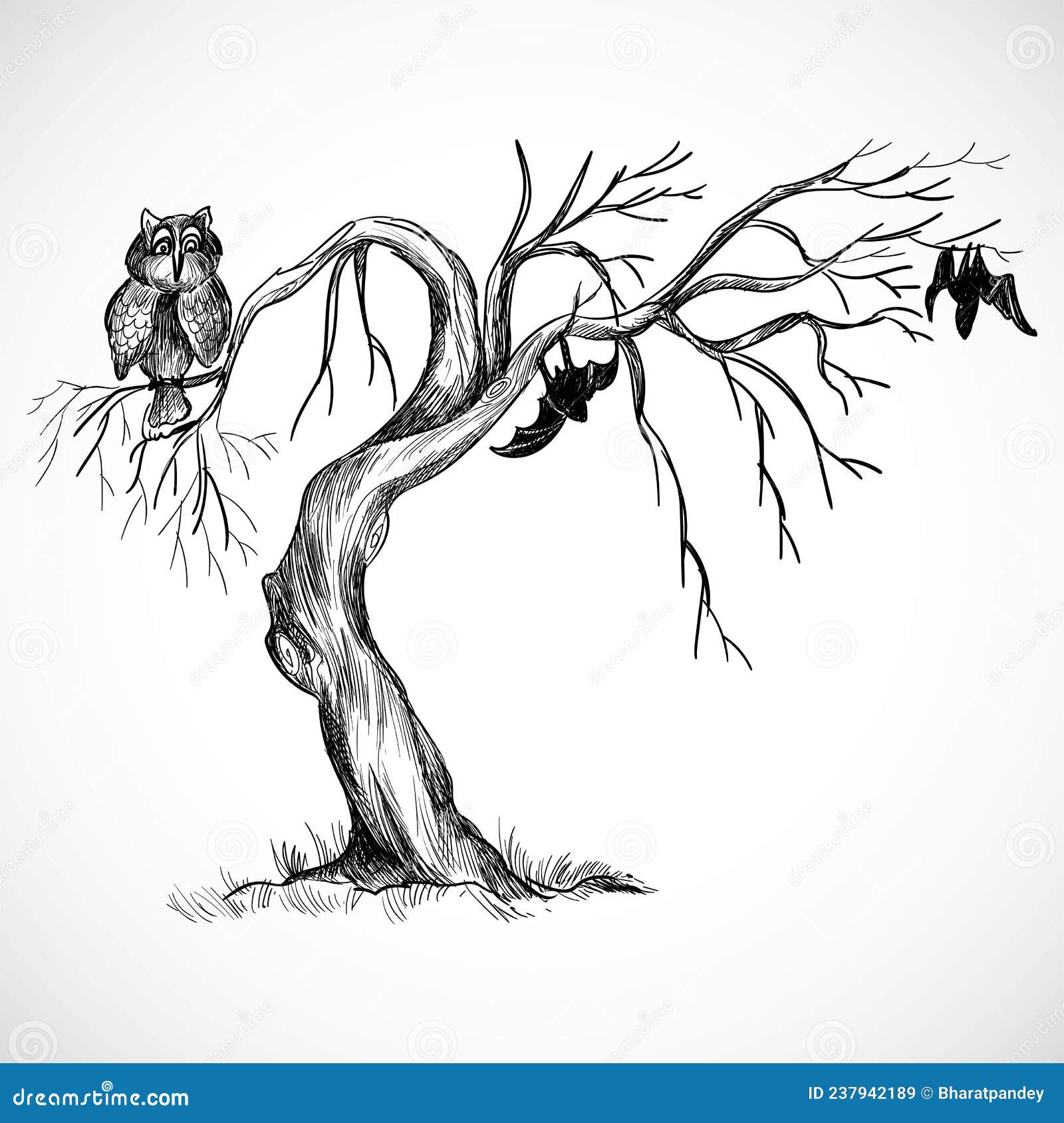 Hand Drawn Spooky Halloween Tree Sketch Design Stock Vector ...
