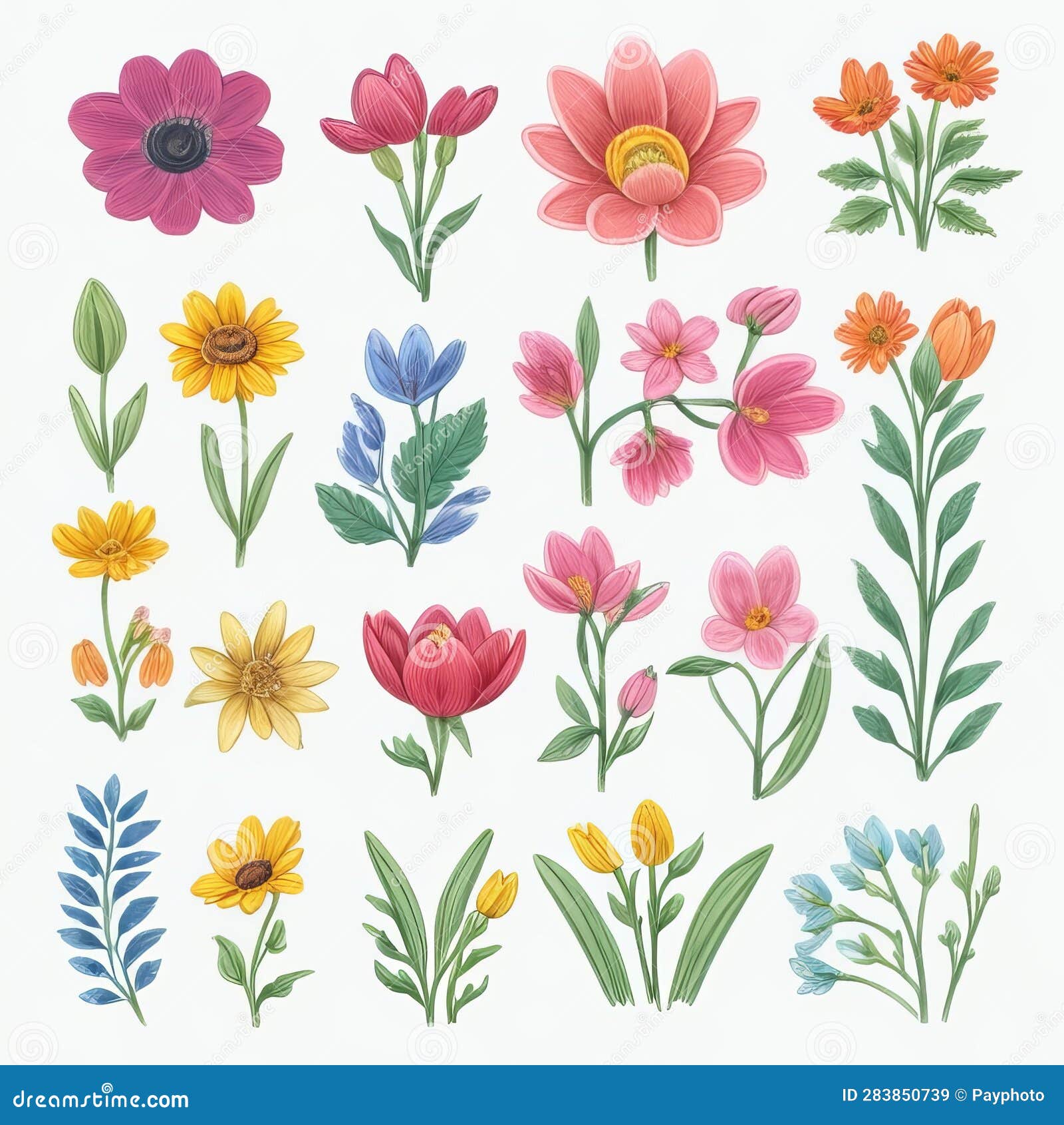 Hand-Drawn Spring Flowers Collection on a White Background. Stock ...
