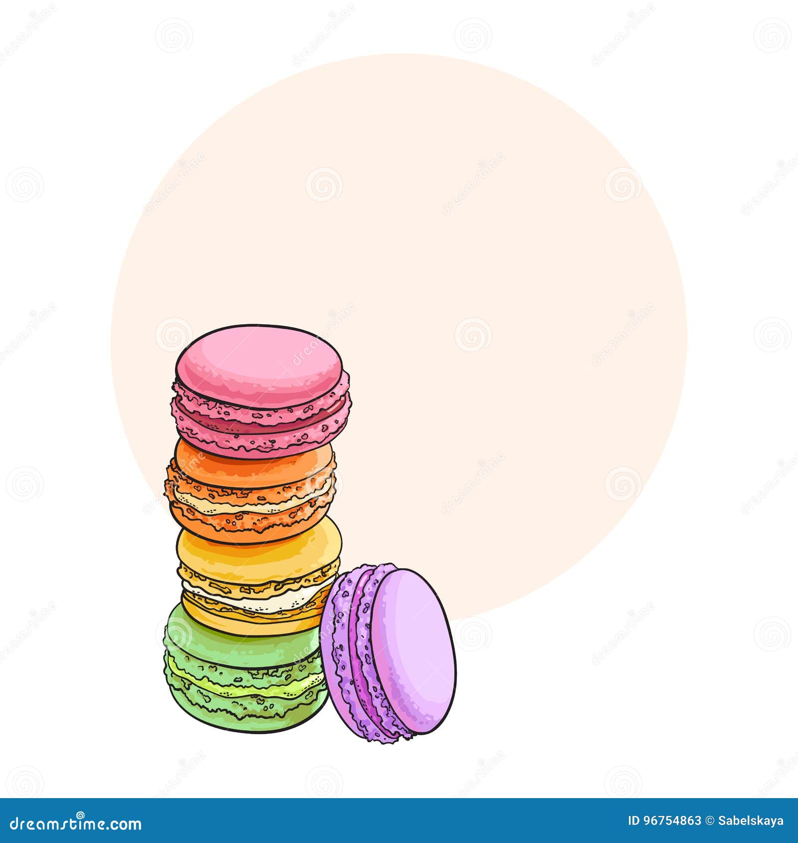 Hand Drawn Stack of Colorful Macaron, Macaroon Almond Cakes Stock ...