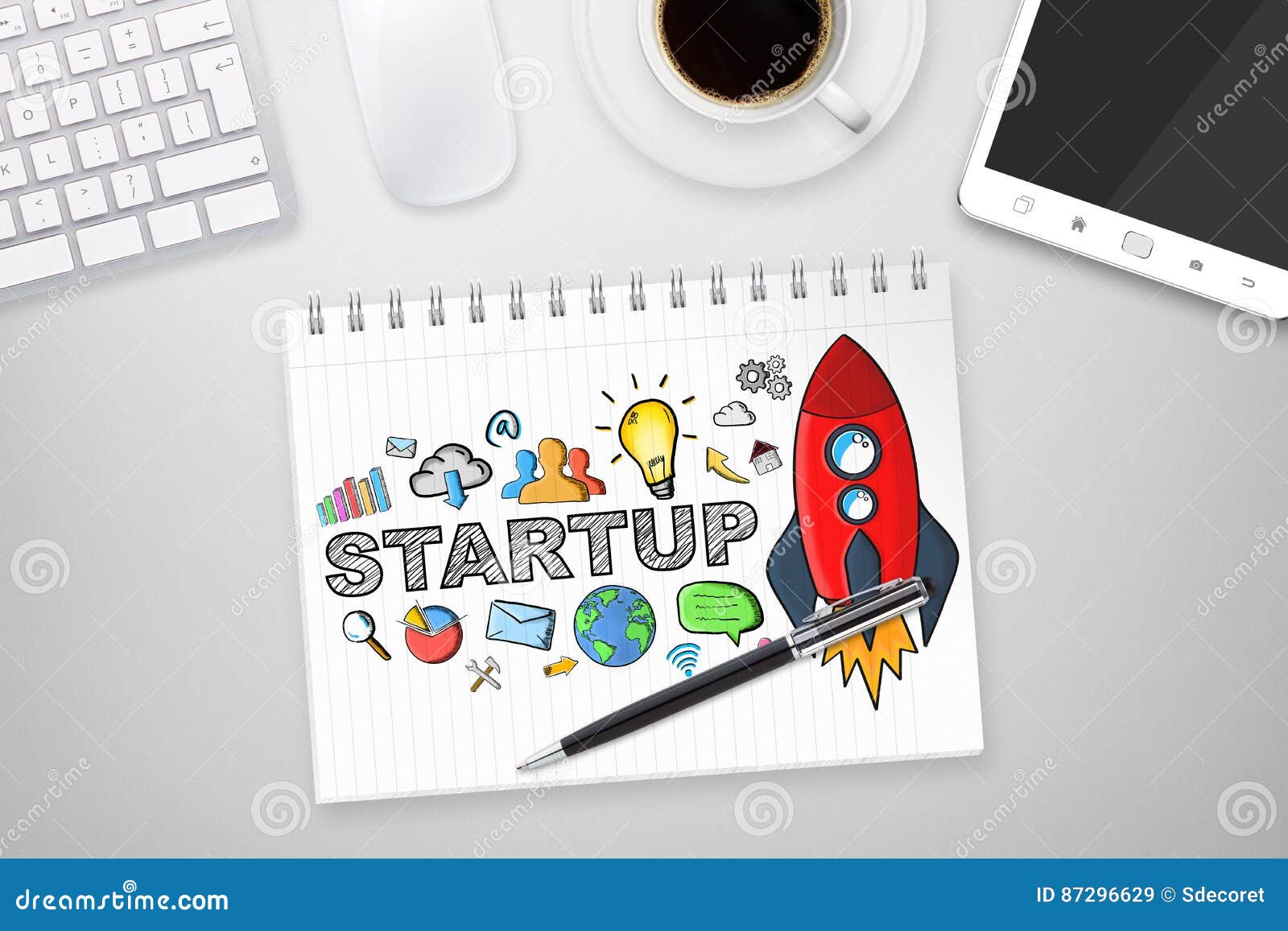 Hand Drawn Startup Text With Icons On Office Background Stock Image ...