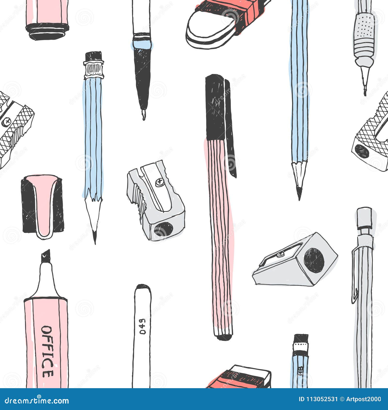 Hand Drawn Stationery Seamless Pattern Stock Vector - Illustration of ...