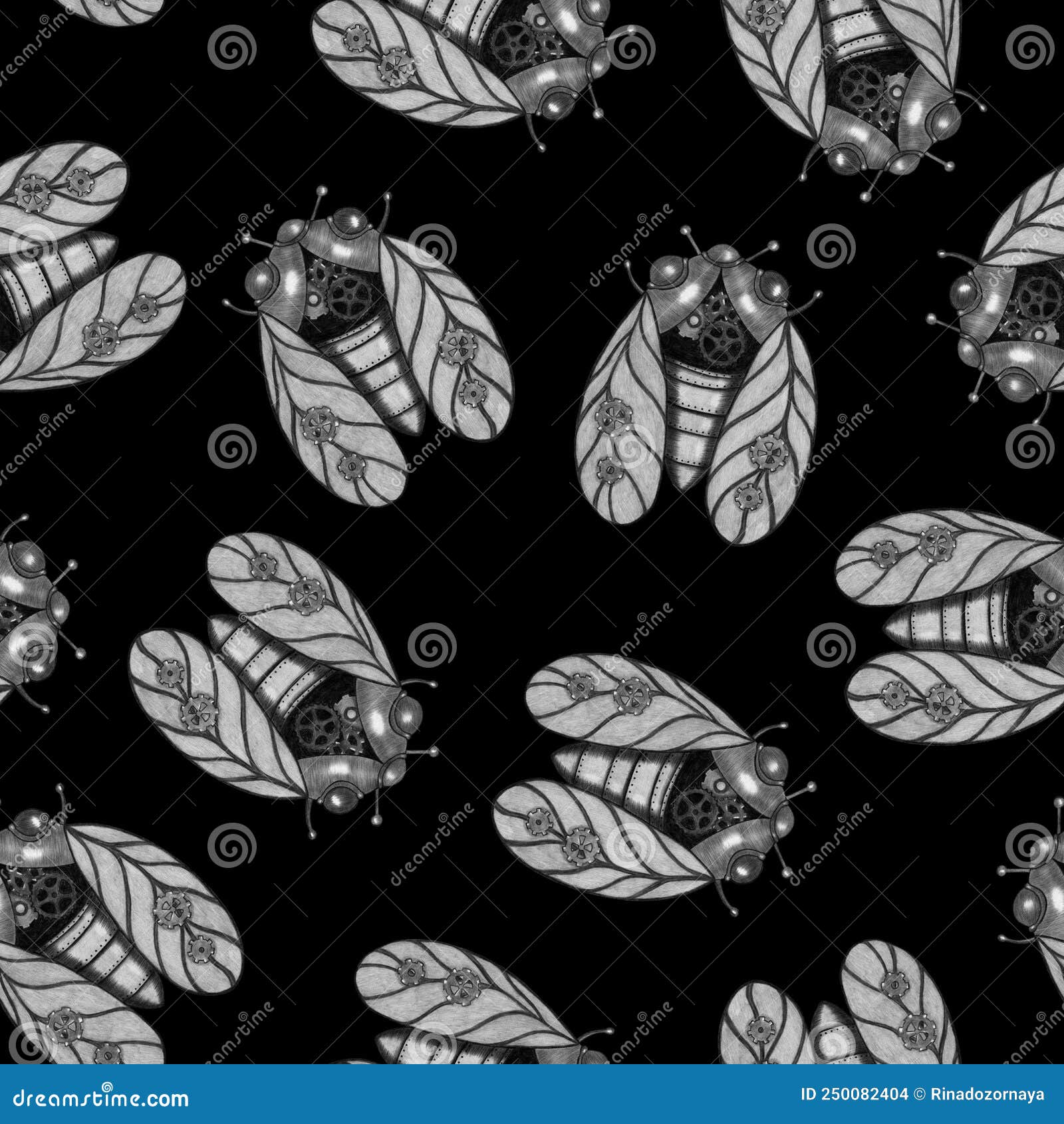 Hand-Drawn Steampunk Cicada Seamless Pattern On Black Background ...