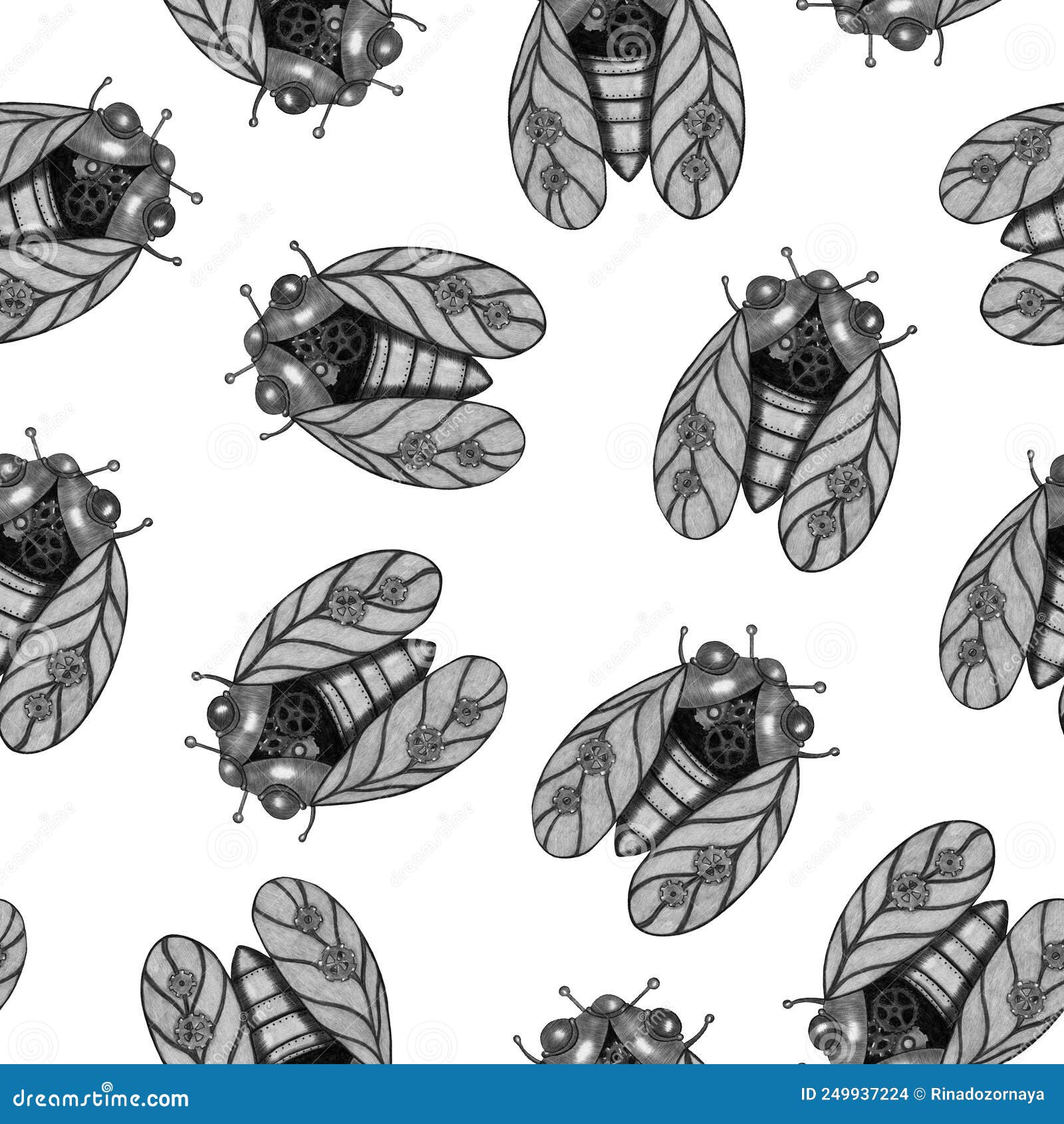 Hand-Drawn Steampunk Cicada Seamless Pattern on White Background. Stock ...