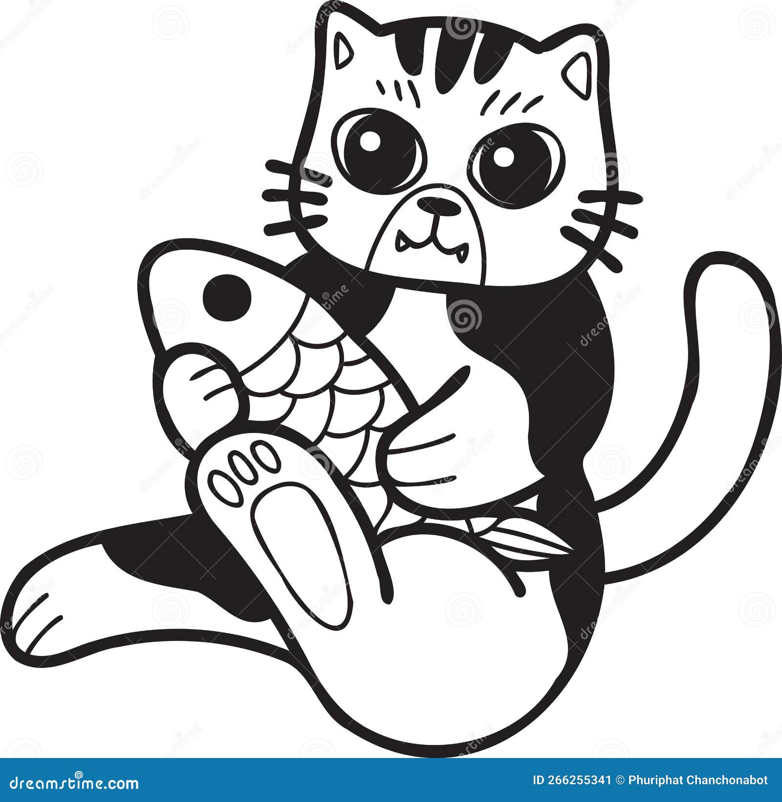 Hand Drawn Striped Cat Eating Fish Illustration in Doodle Style Stock ... Hand Drawn Striped Cat Eating Fish Illustration in Doodle Style Stock ...