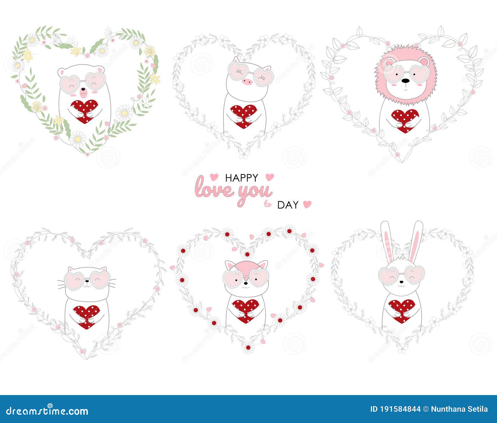 Hand Drawn Style Cute Animals Holding Red Heart Stock Vector ...