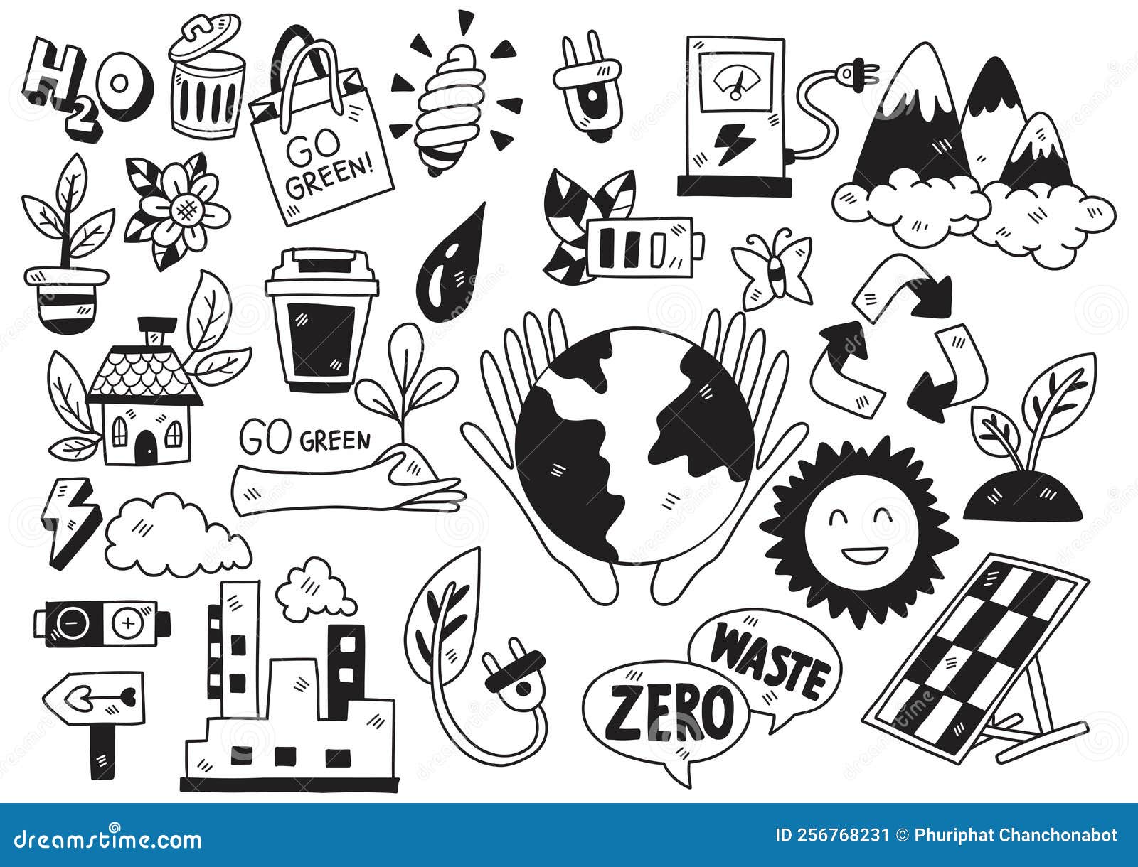 Hand Drawn Style Modern Green Energy Doodle Objects Vector Illustration ...