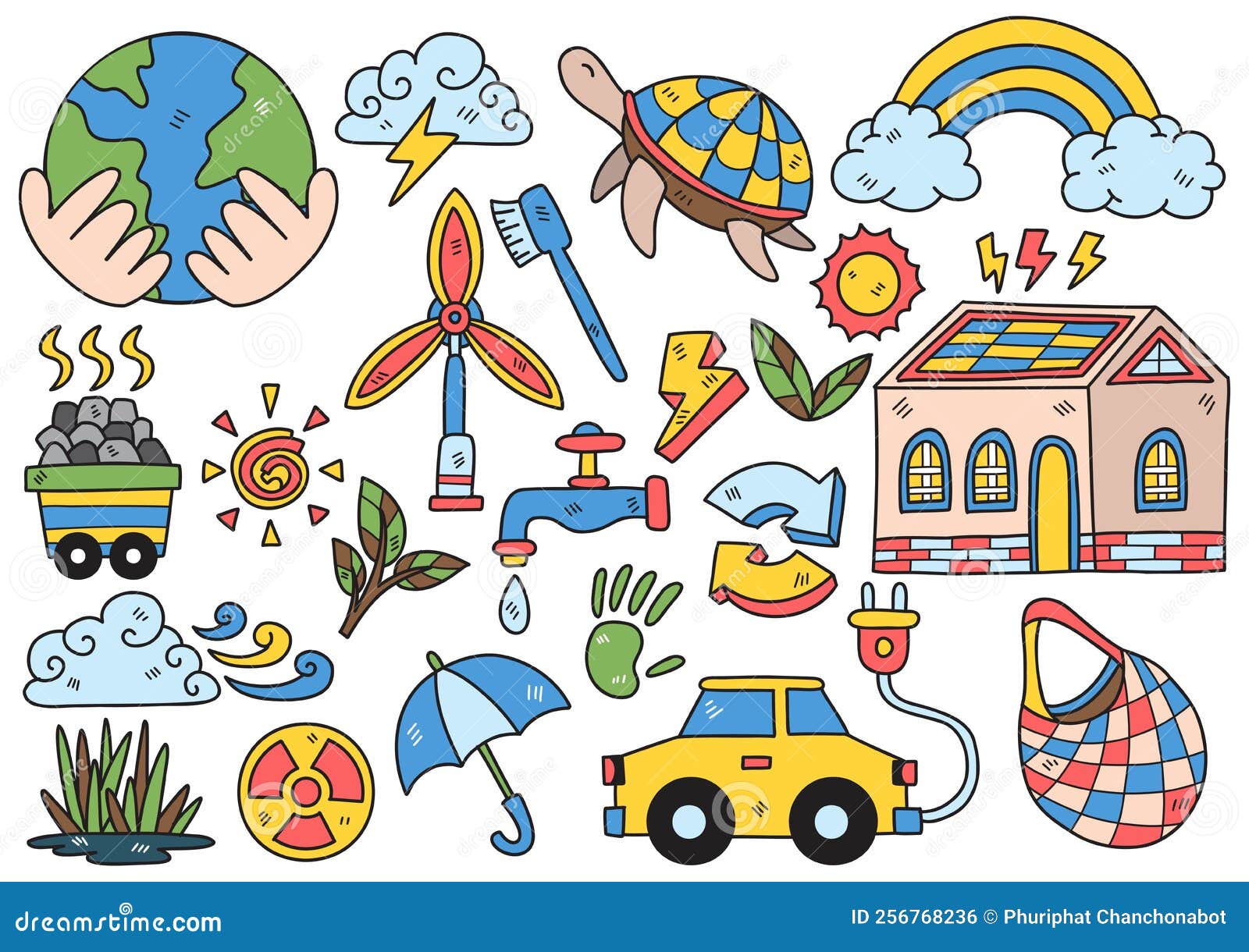 Hand Drawn Style Modern Green Energy Doodle Objects Vector Illustration ...