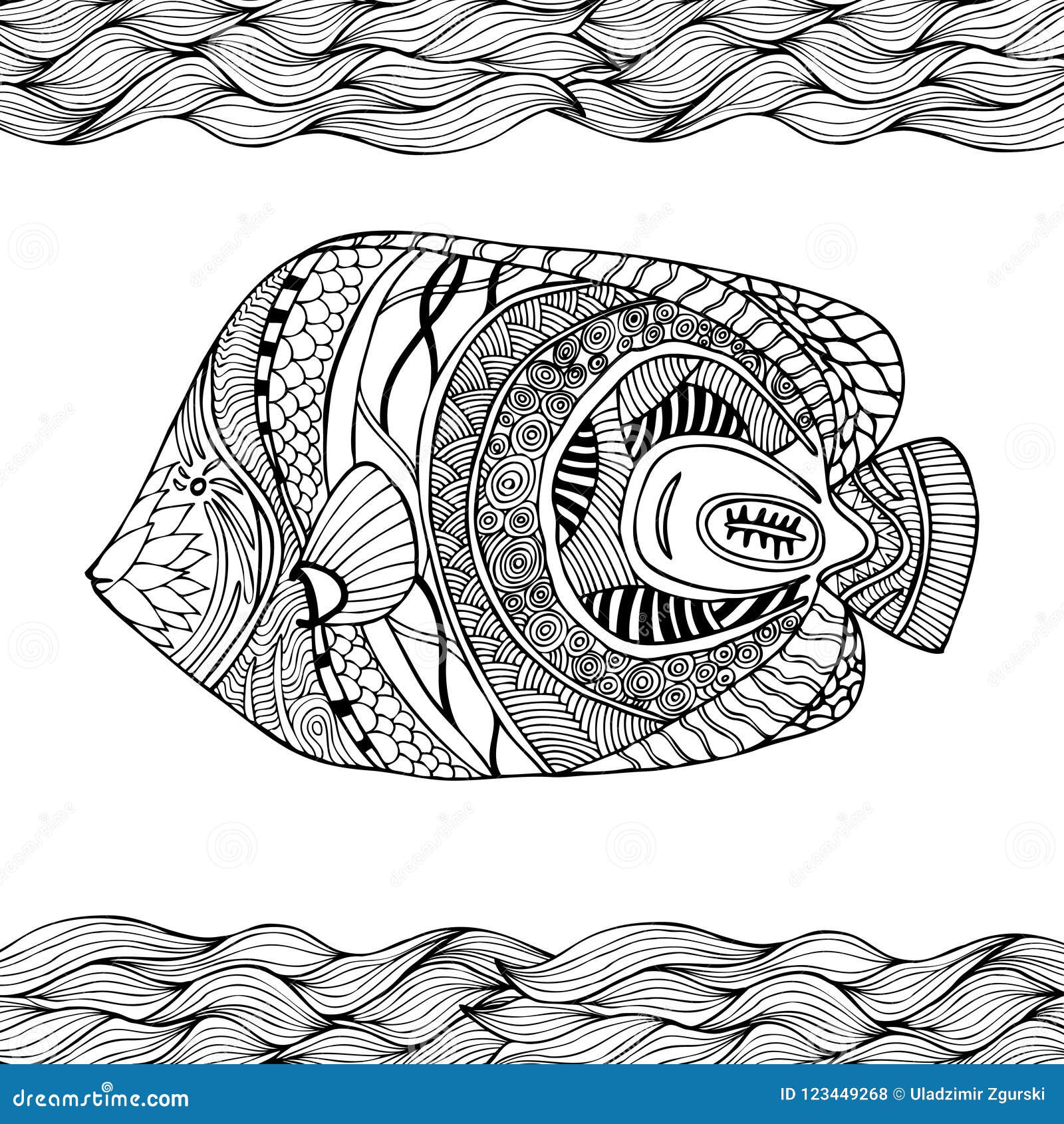 Hand Drawn Stylized Fish with Doodle, Zentangle, Floral, Vintage Stock ...