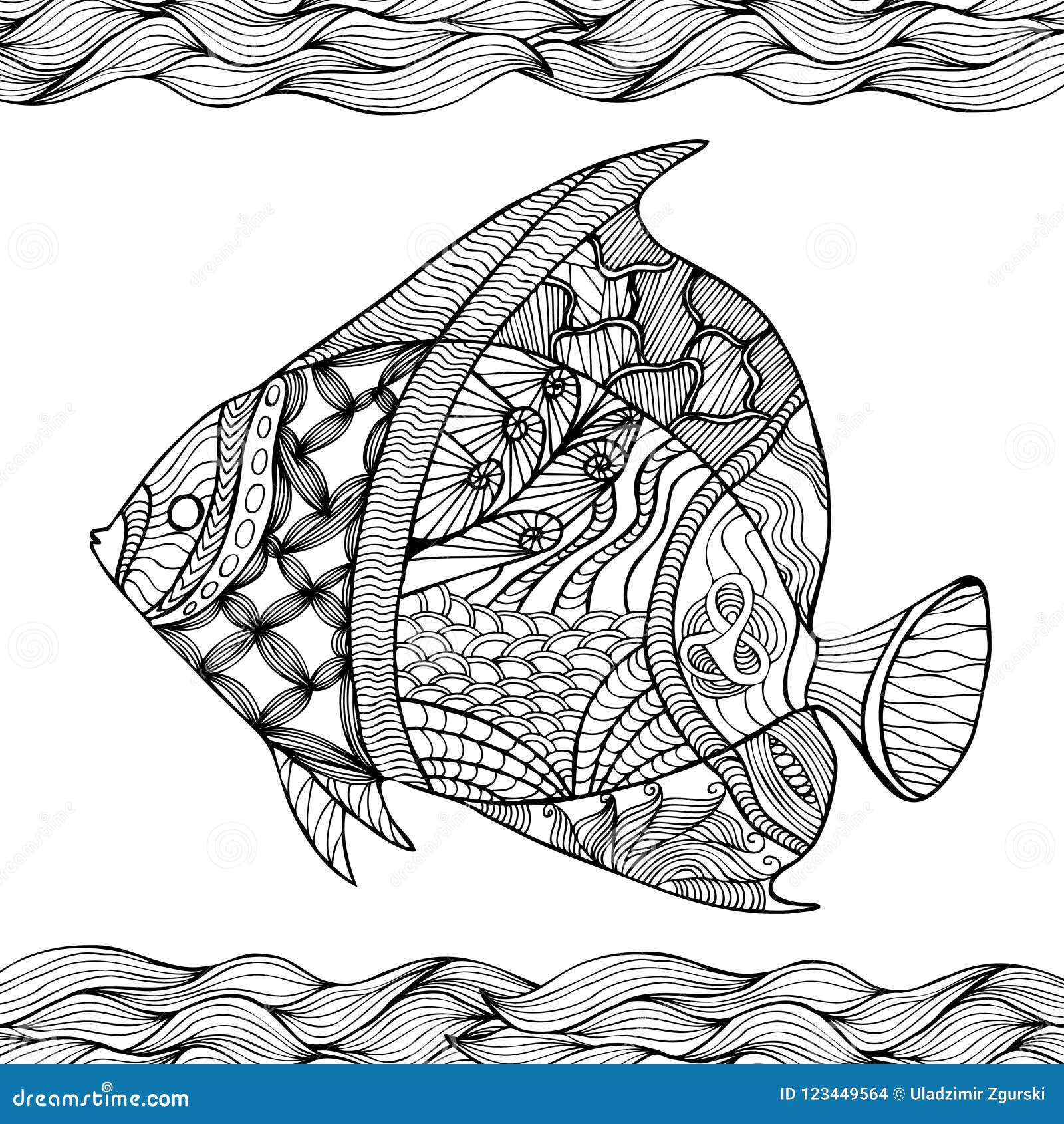 Hand Drawn Stylized Fish with Doodle, Zentangle, Floral, Vintage Stock ...