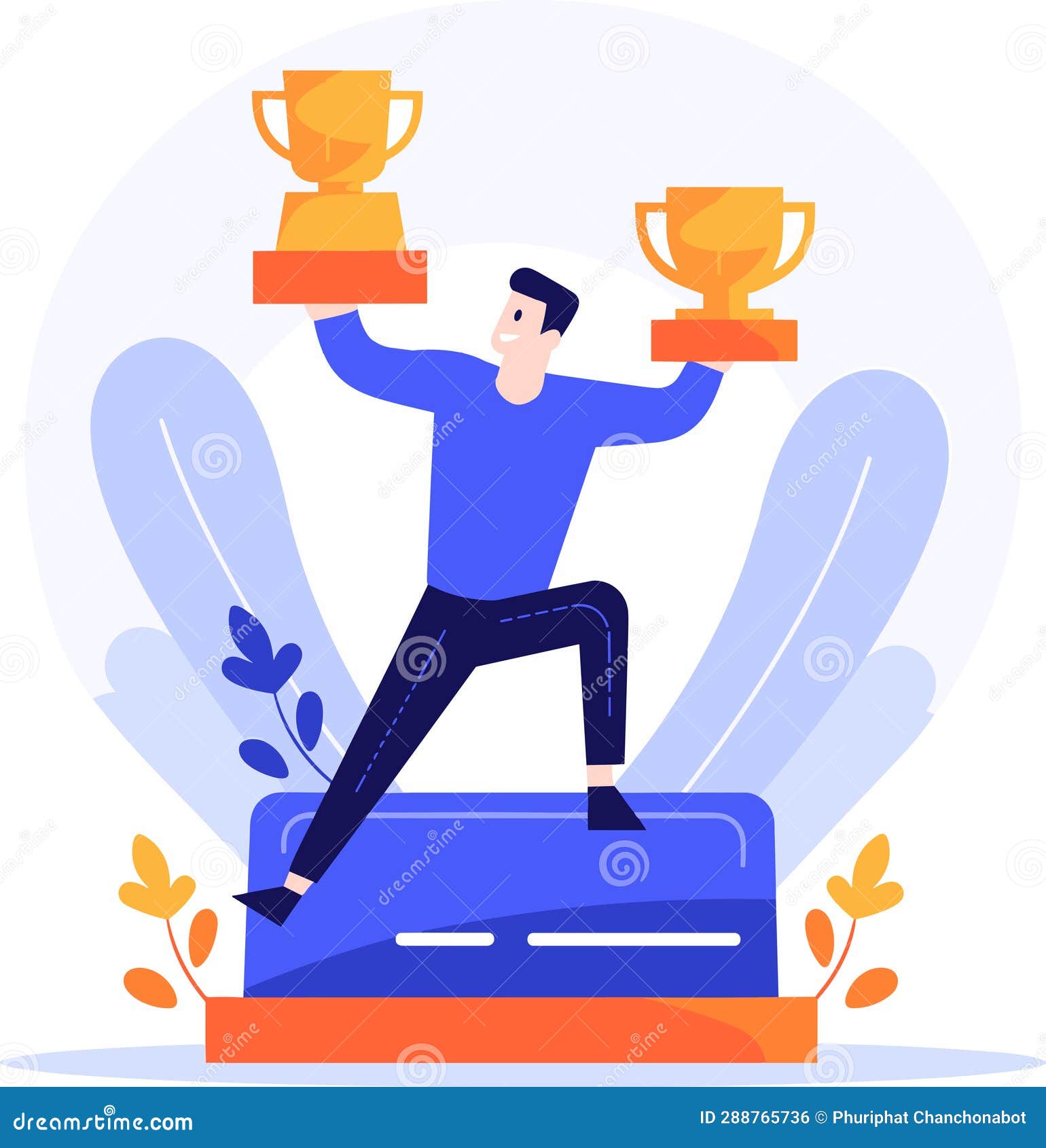 Hand Drawn Successful Businessman with a Trophy in Flat Style Stock ...