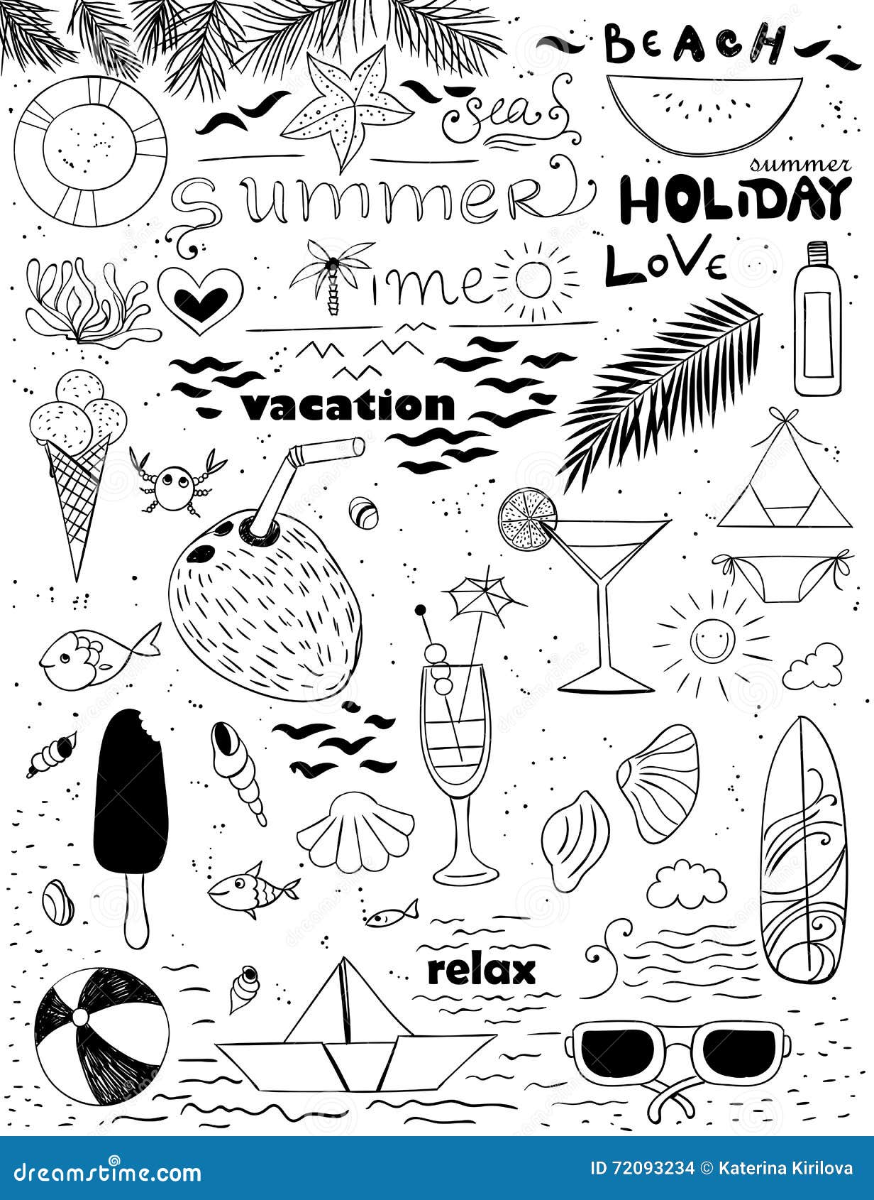 Hand drawn summer set stock illustration. Illustration of lotion - 72093234