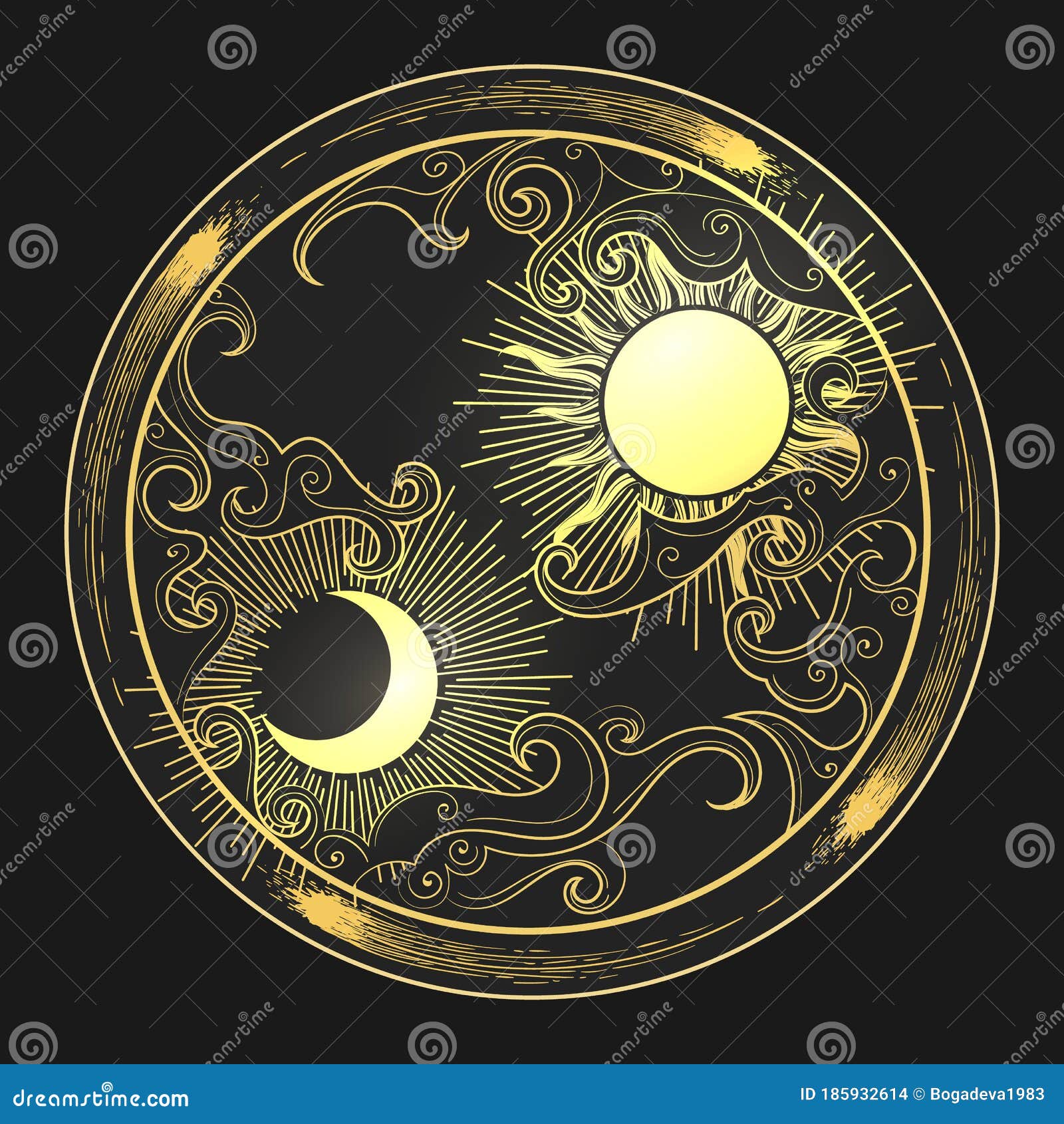 Hand Drawn Sun and Moon in Engraving Oriental Style Stock Vector ...
