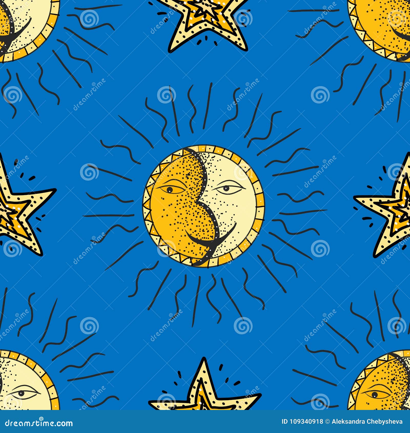 Hand Drawn Sun and Moon Pattern Stock Illustration - Illustration of ...