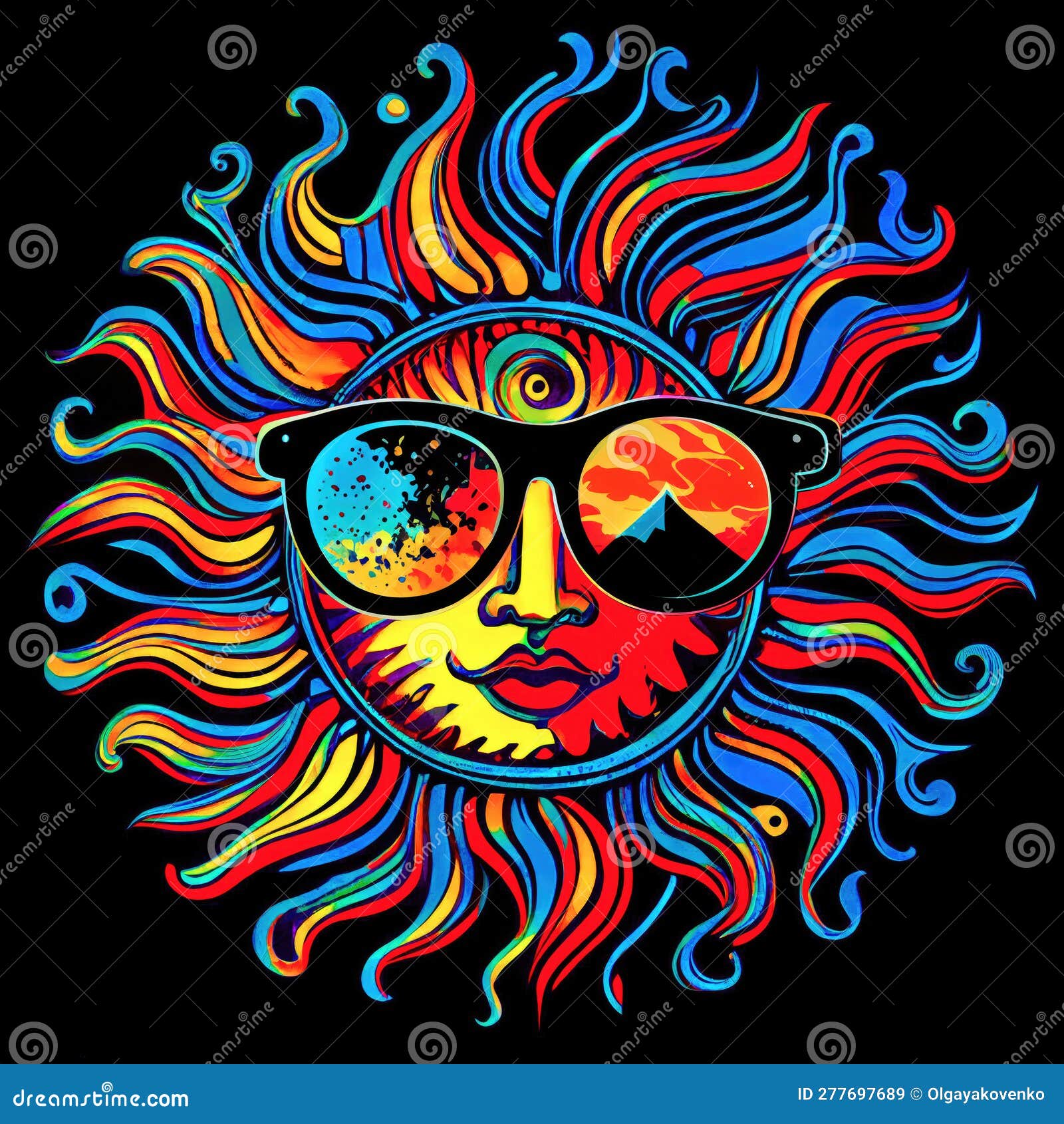 Hand Drawn Sun with Sunglasses on a Black Background, Pop Art, Ai ...