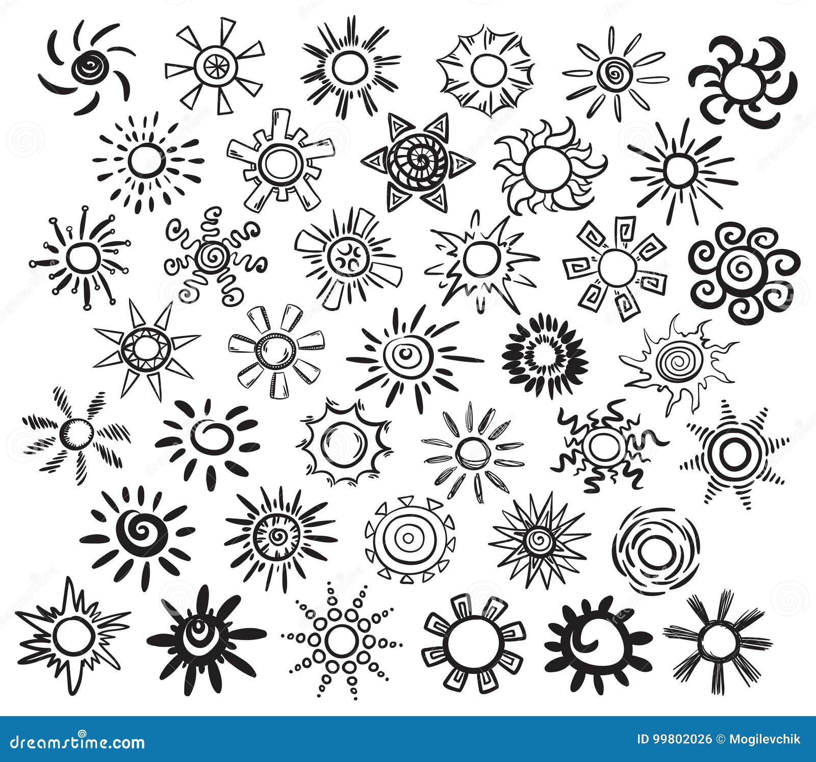 Hand Drawn Suns Set stock vector. Illustration of collection - 99802026