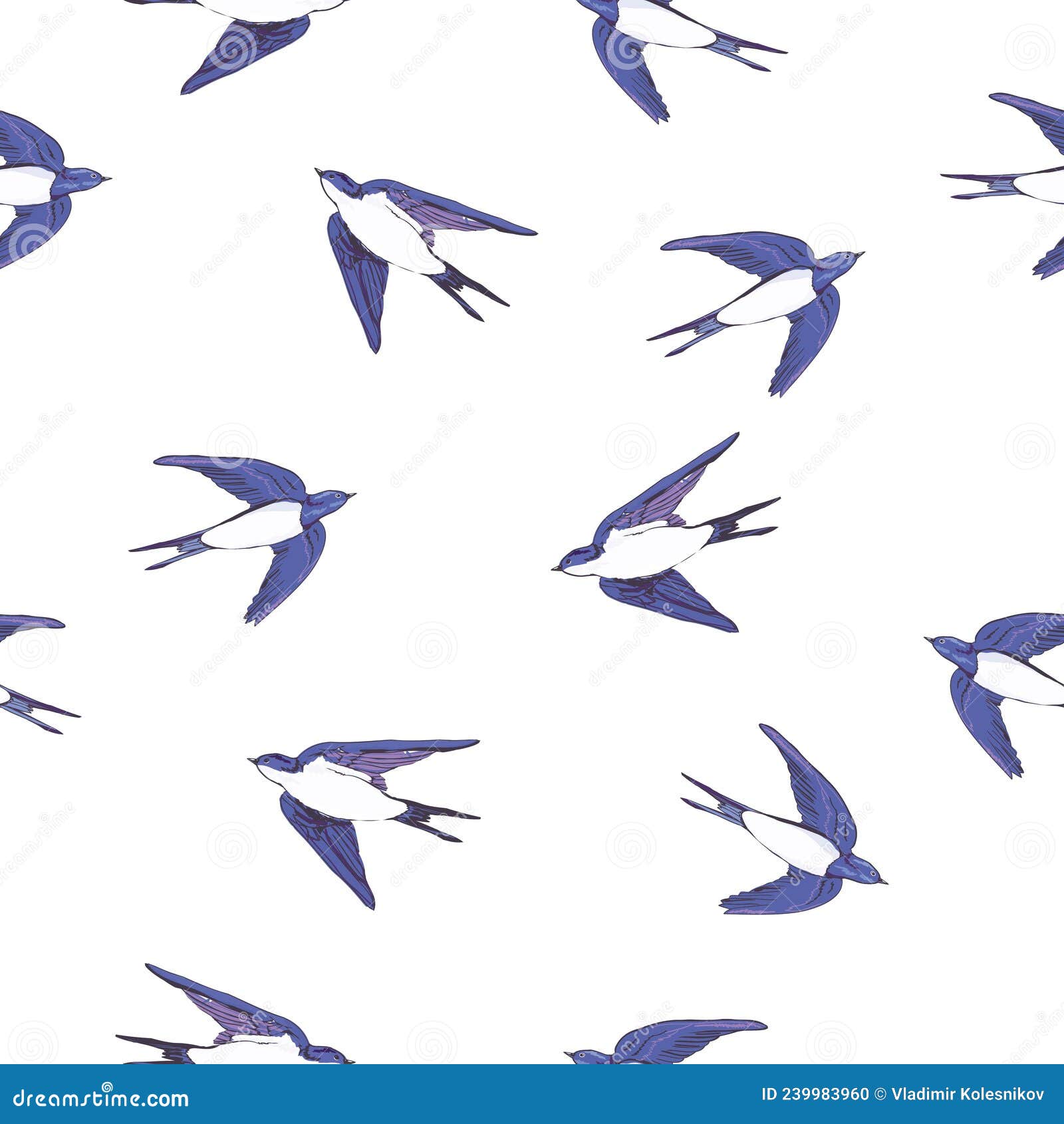 Hand Drawn Swallow Bird Seamless Vector Pattern Stock Vector ...