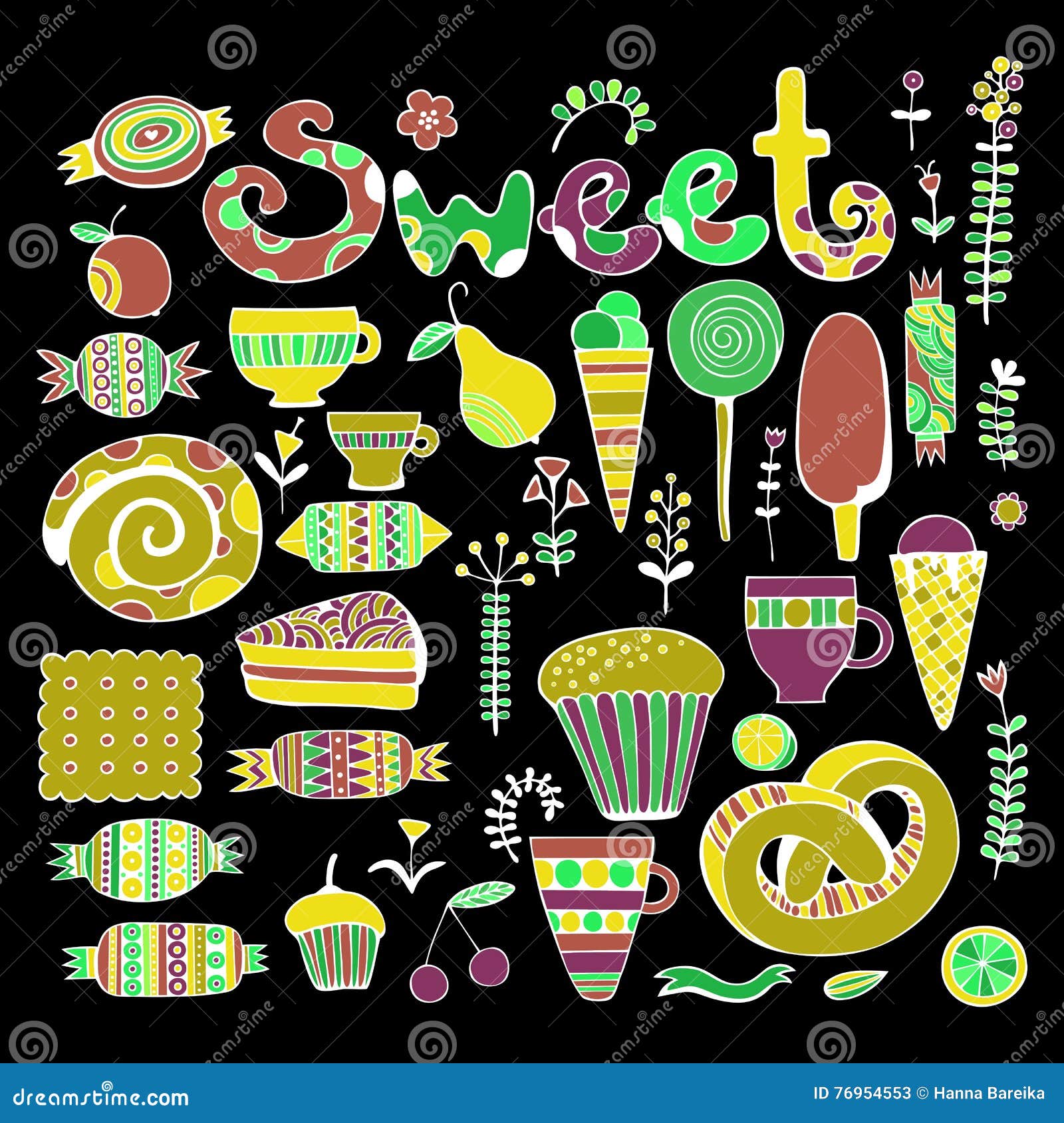 Hand Drawn Sweets and Candies Set. Colorful Vector Illustration. Stock ...