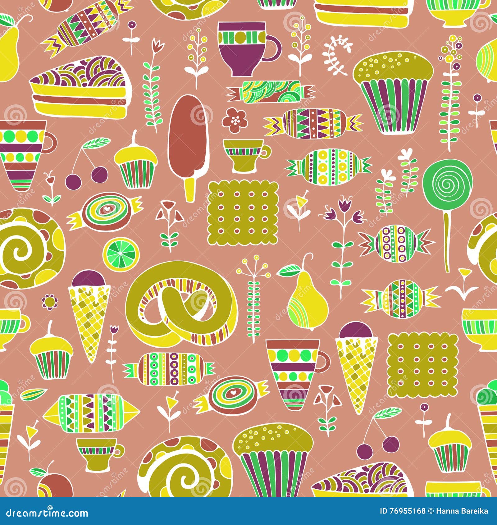 Hand Drawn Sweets and Candies Set. Colorful Vector Seamless Pattern ...