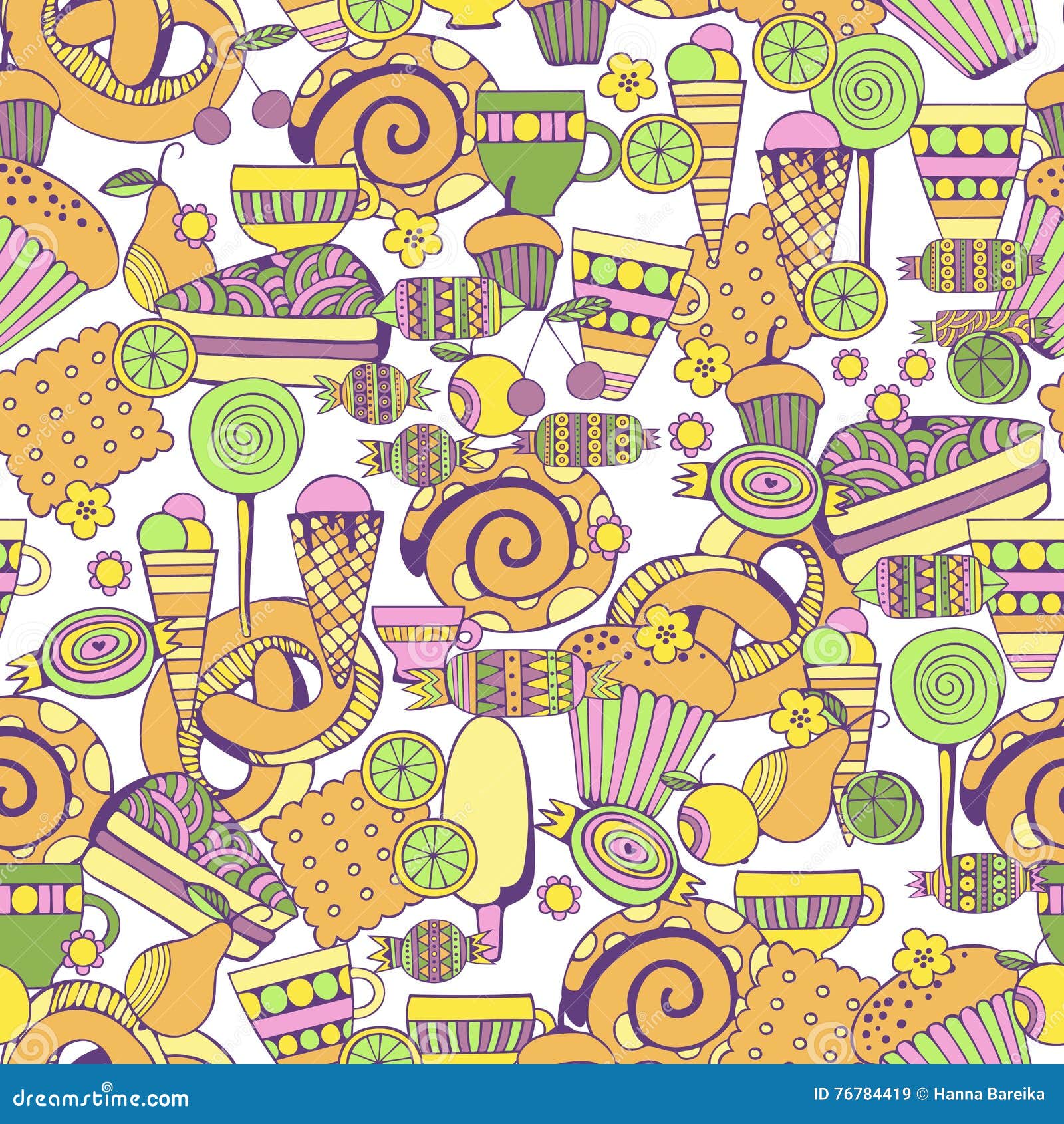 Hand Drawn Sweets and Candies Set. Colorful Vector Seamless Pattern ...