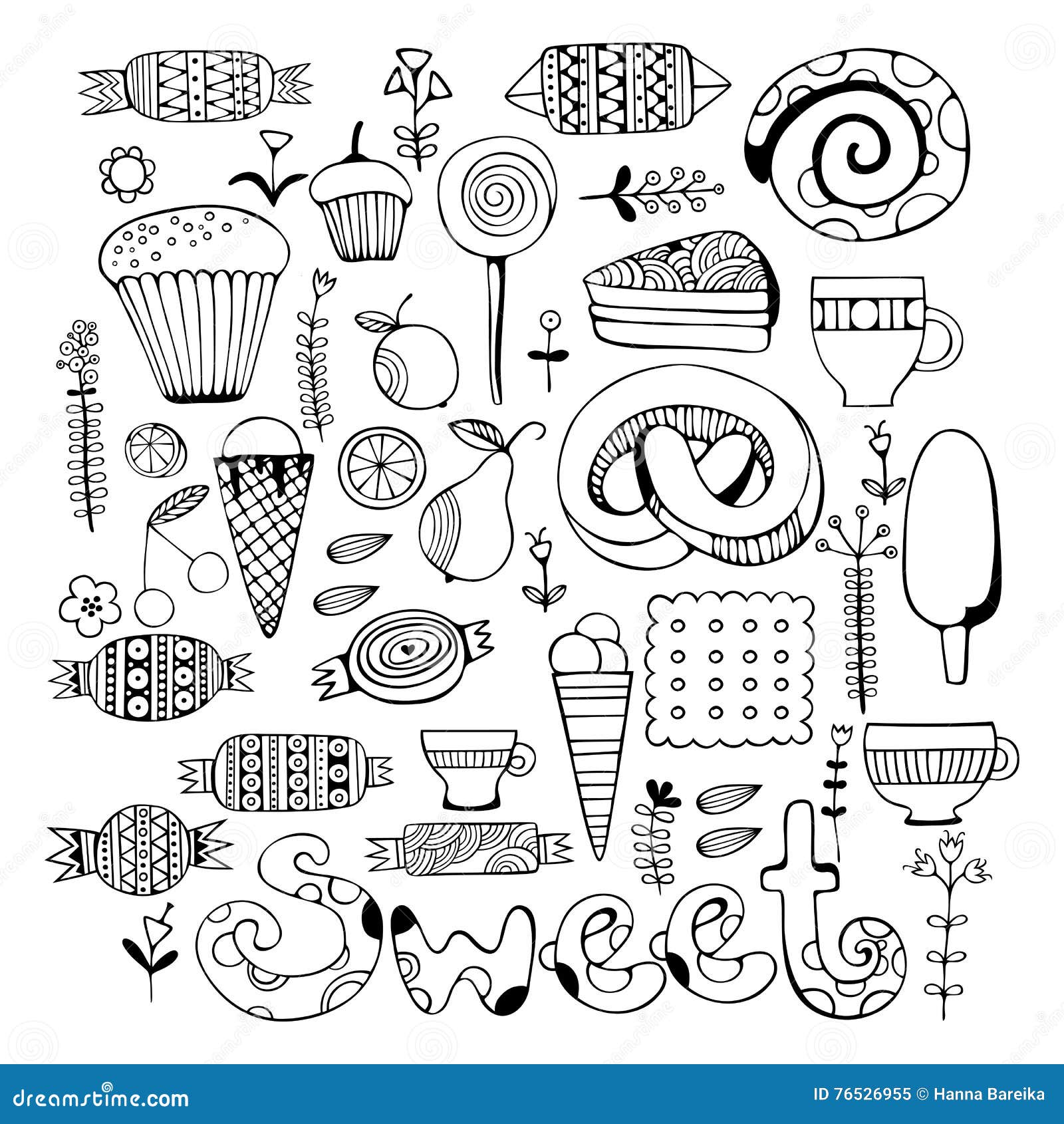 Hand Drawn Sweets and Candies Set. Monochrome Vector Illustration ...