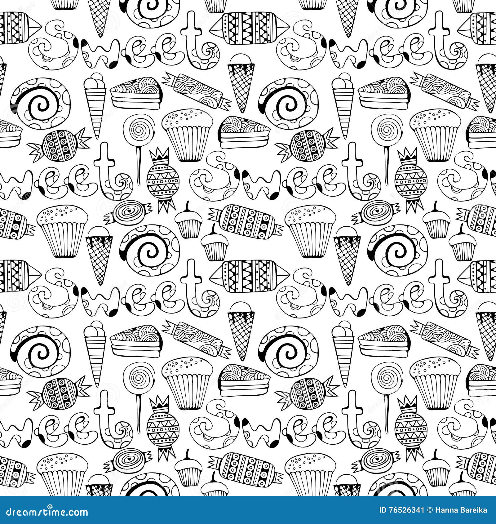 Hand Drawn Sweets and Candies Set. Monochrome Vector Seamless Pattern ...