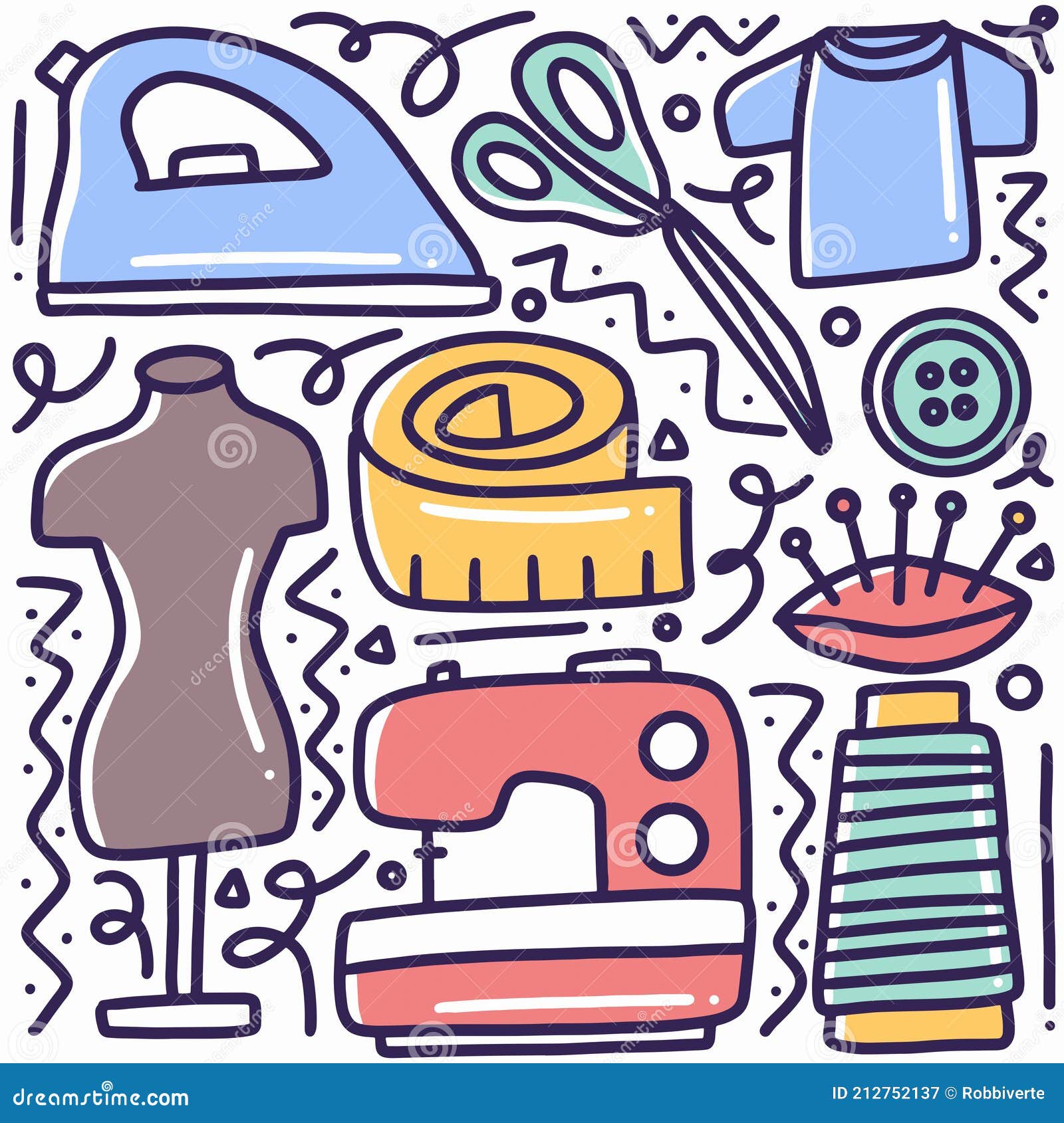 Hand Drawn Tailor Tools Doodle Set Stock Vector - Illustration of ...