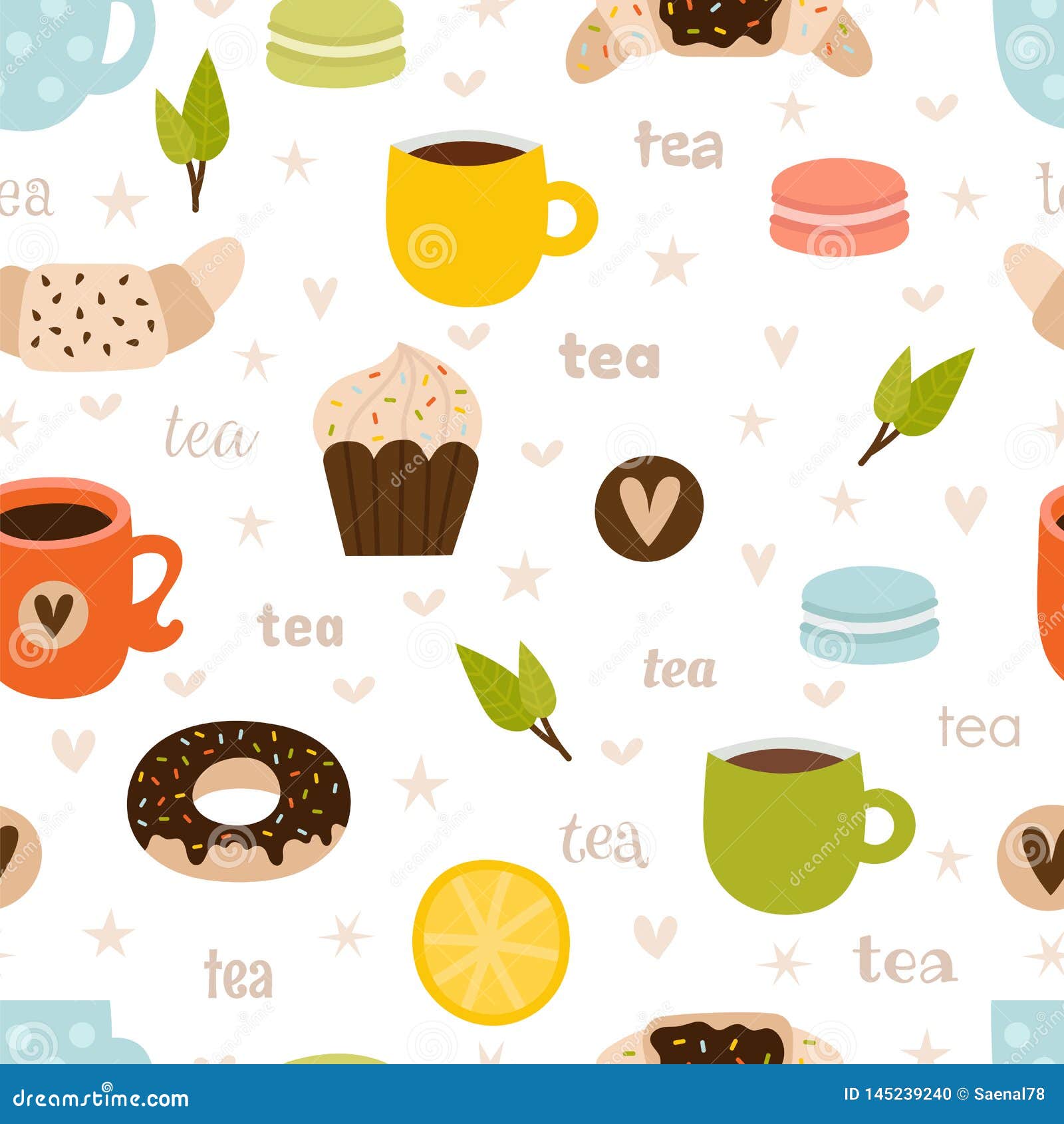 Hand Drawn Tea Seamless Pattern. Set of Tea Party Symbols, Objects and ...