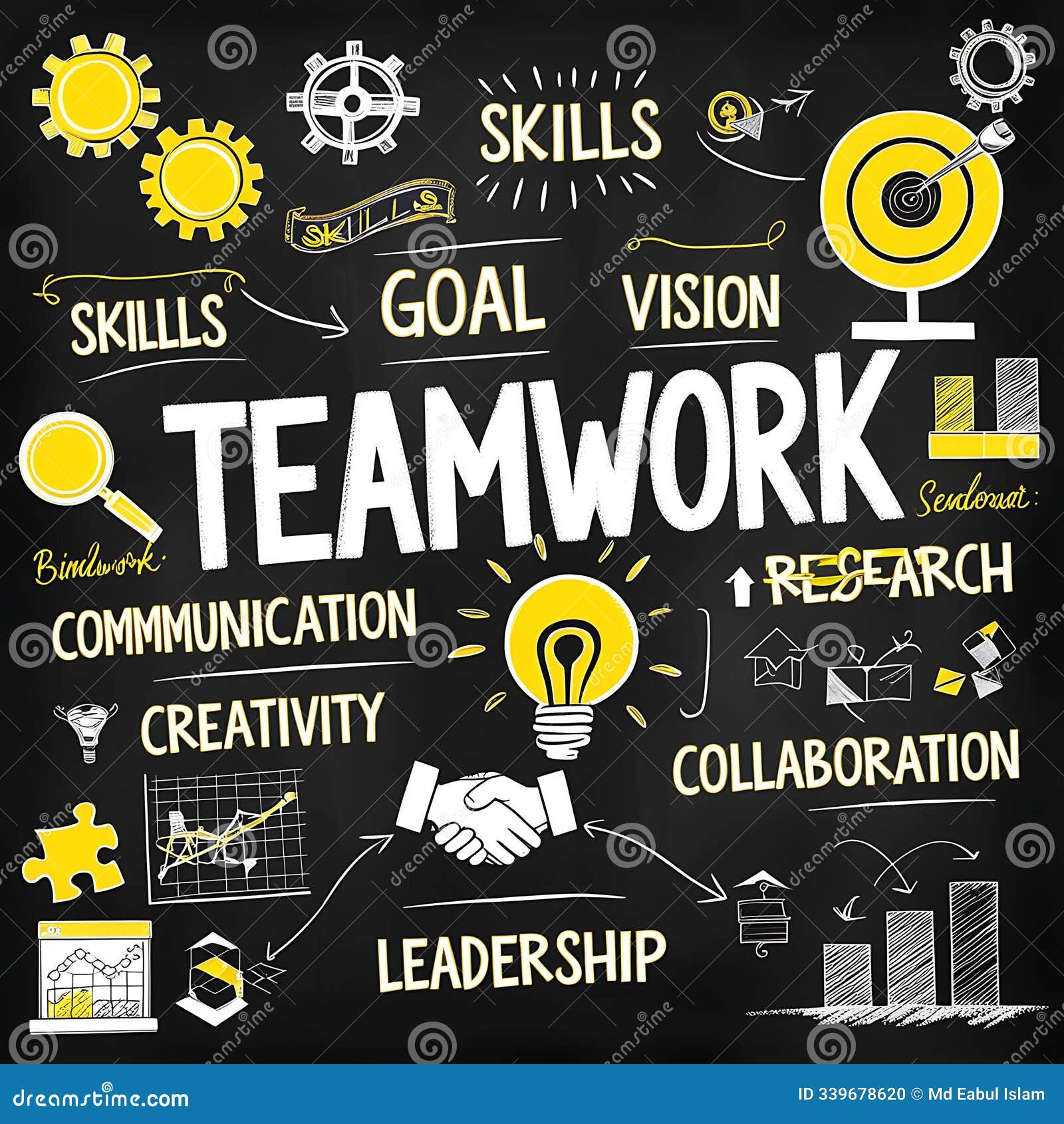 Hand Drawn Teamwork Concept Chart with Business Elements on Blackboard ...