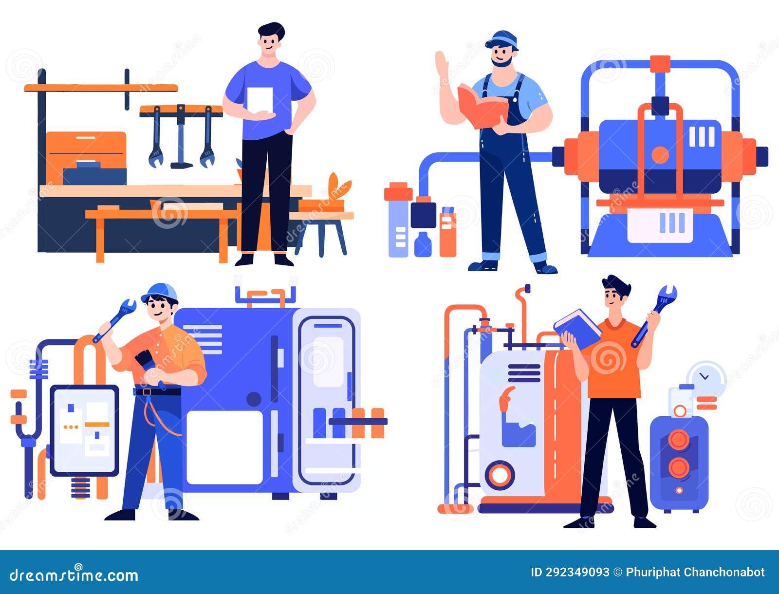Hand Drawn Technician or Engineer with Engine in Factory in Flat Style ...