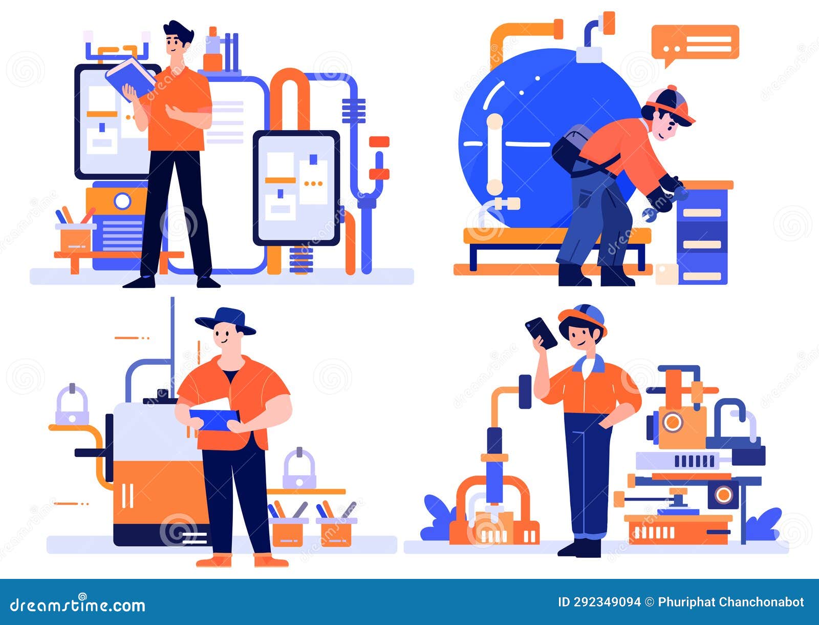 Hand Drawn Technician or Engineer with Engine in Factory in Flat Style ...