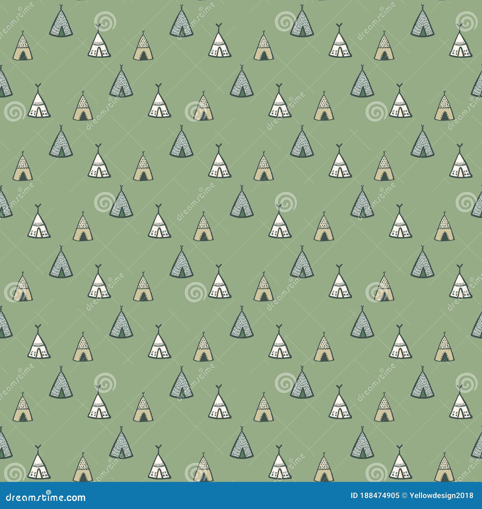 Hand Drawn Teepee Seamless Pattern on Green Background. Tribal ...
