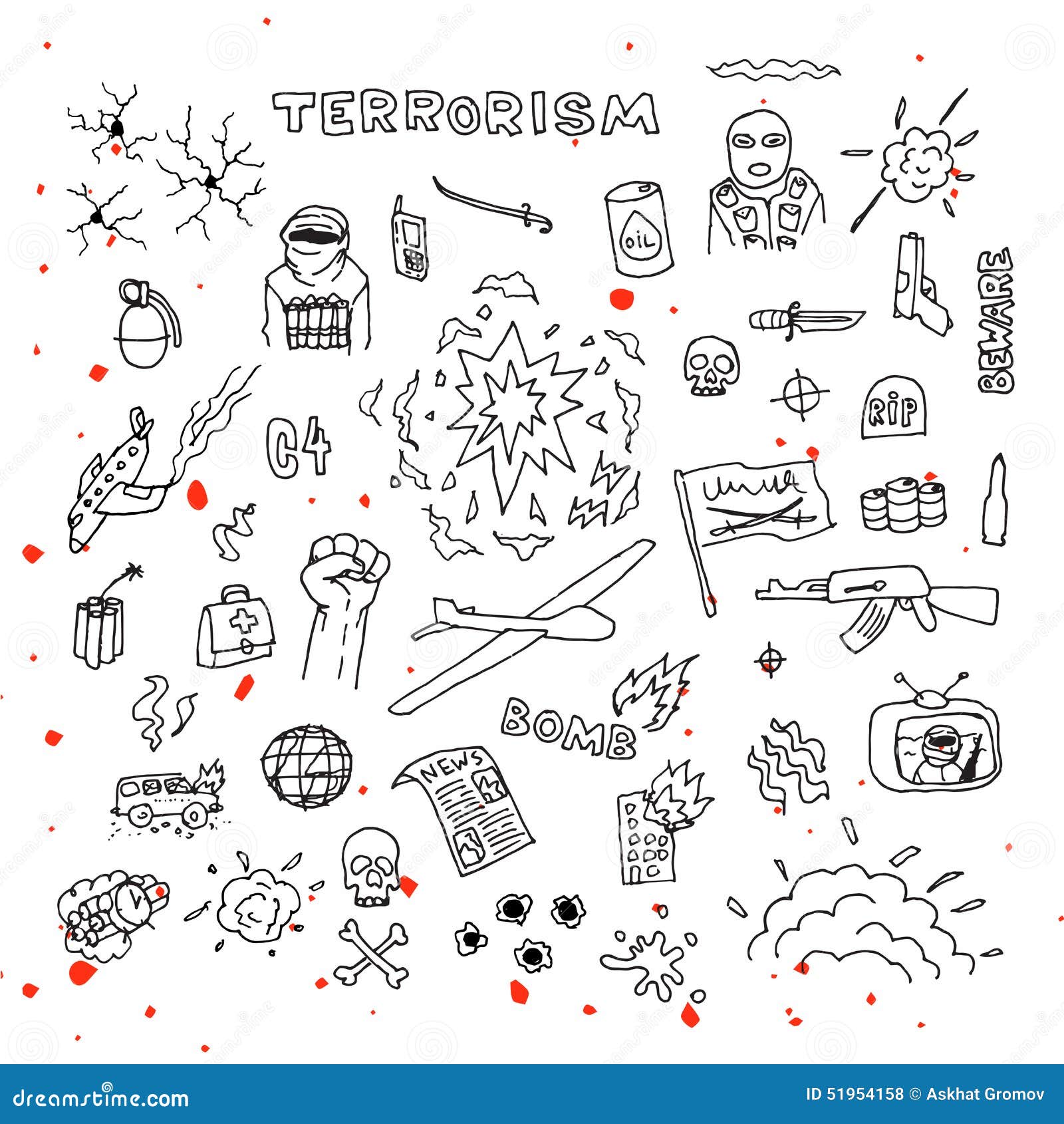 Hand Drawn Terrorism Doodles with Blood Splatters Stock Vector ...