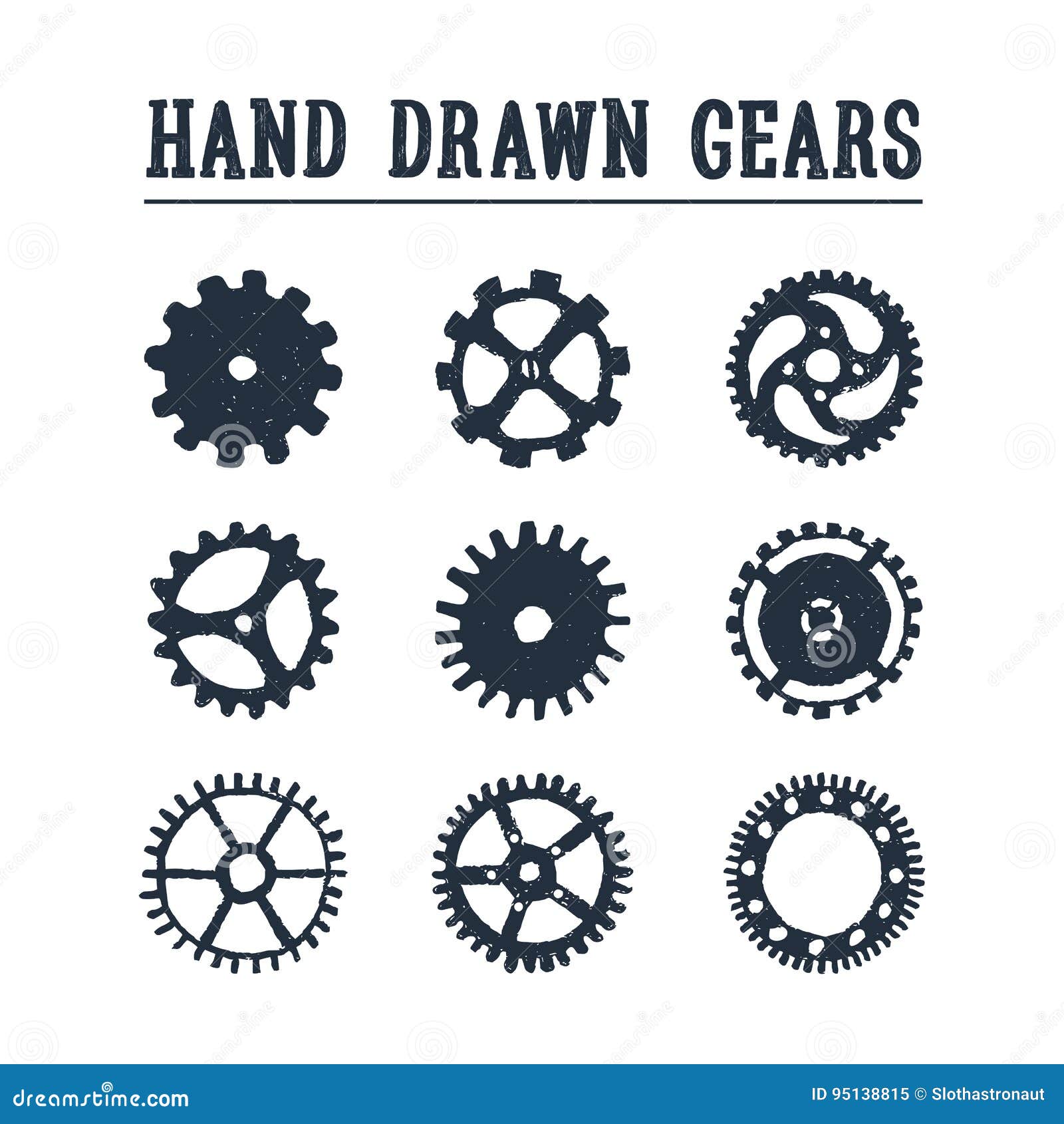 Hand Drawn Textured Gears Icons Set. Stock Vector - Illustration of ...