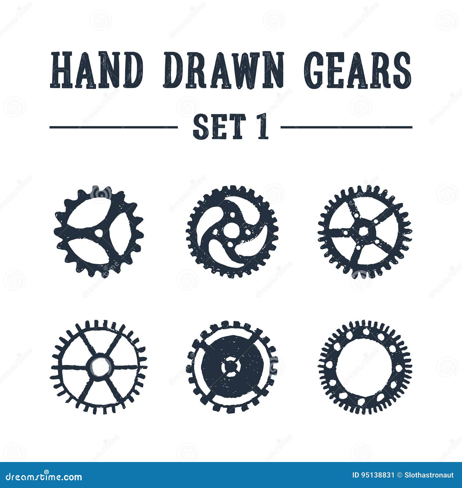 Hand Drawn Textured Gears Icons Set. Stock Vector - Illustration of ...