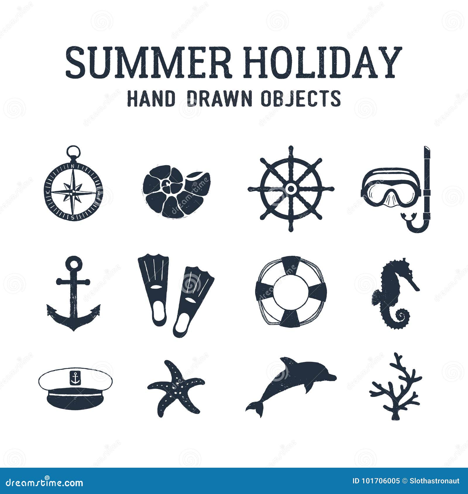 Hand Drawn Textured Nautical Vector Illustrations Set. Stock Vector ...