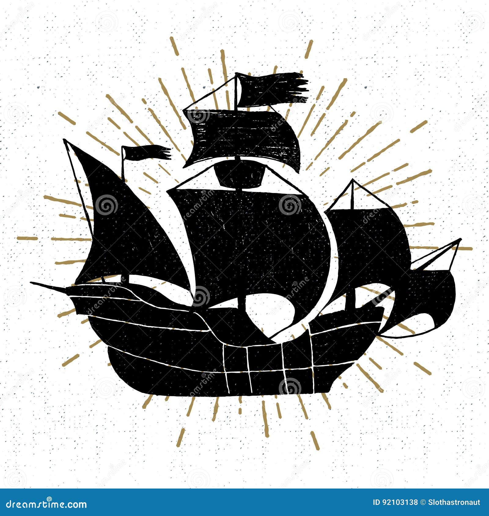 Hand Drawn Textured Vintage Icon with Galleon Ship Vector Illustration ...