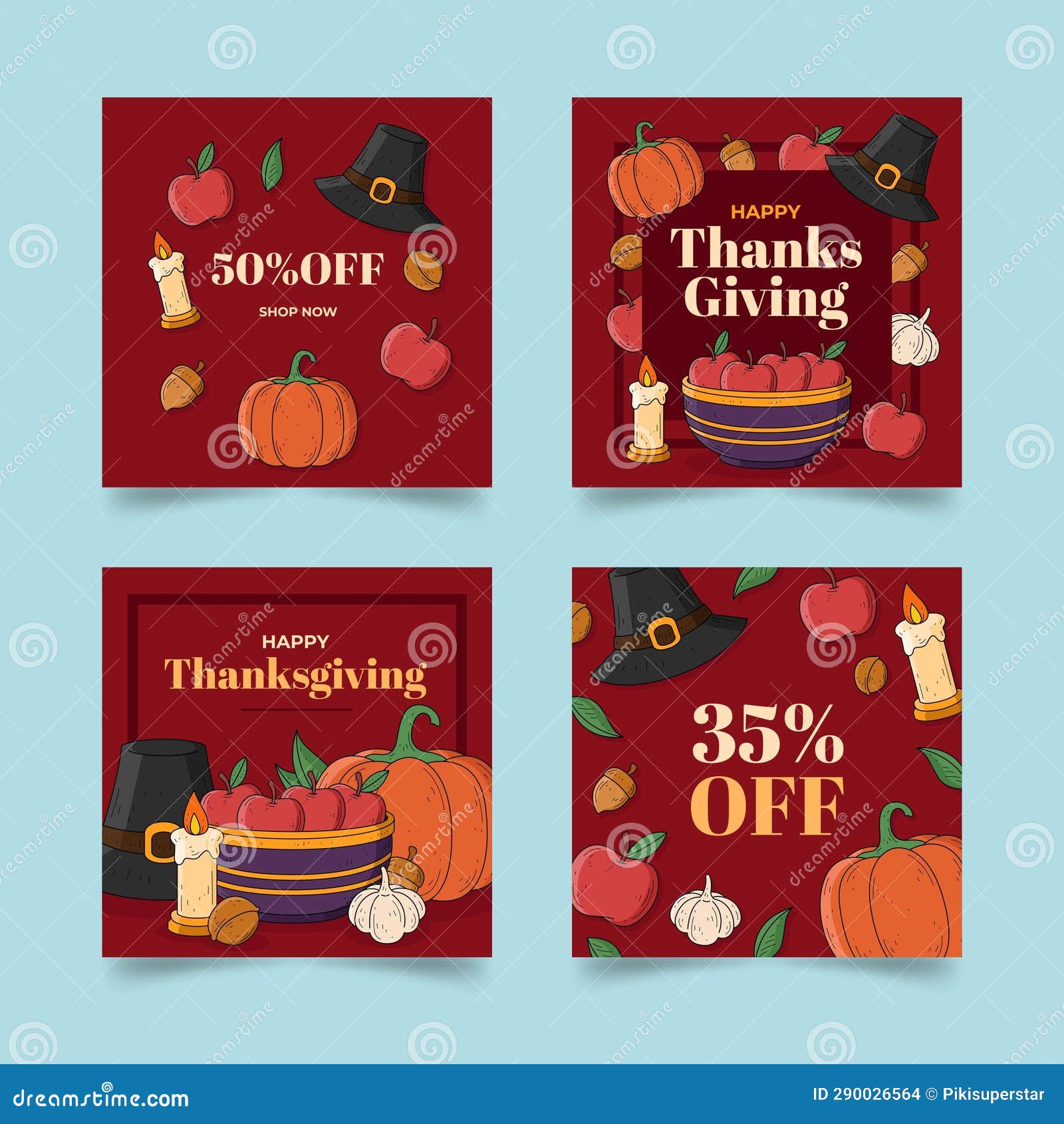 Hand Drawn Thanksgiving Instagram Posts Vector Design Stock Vector ...