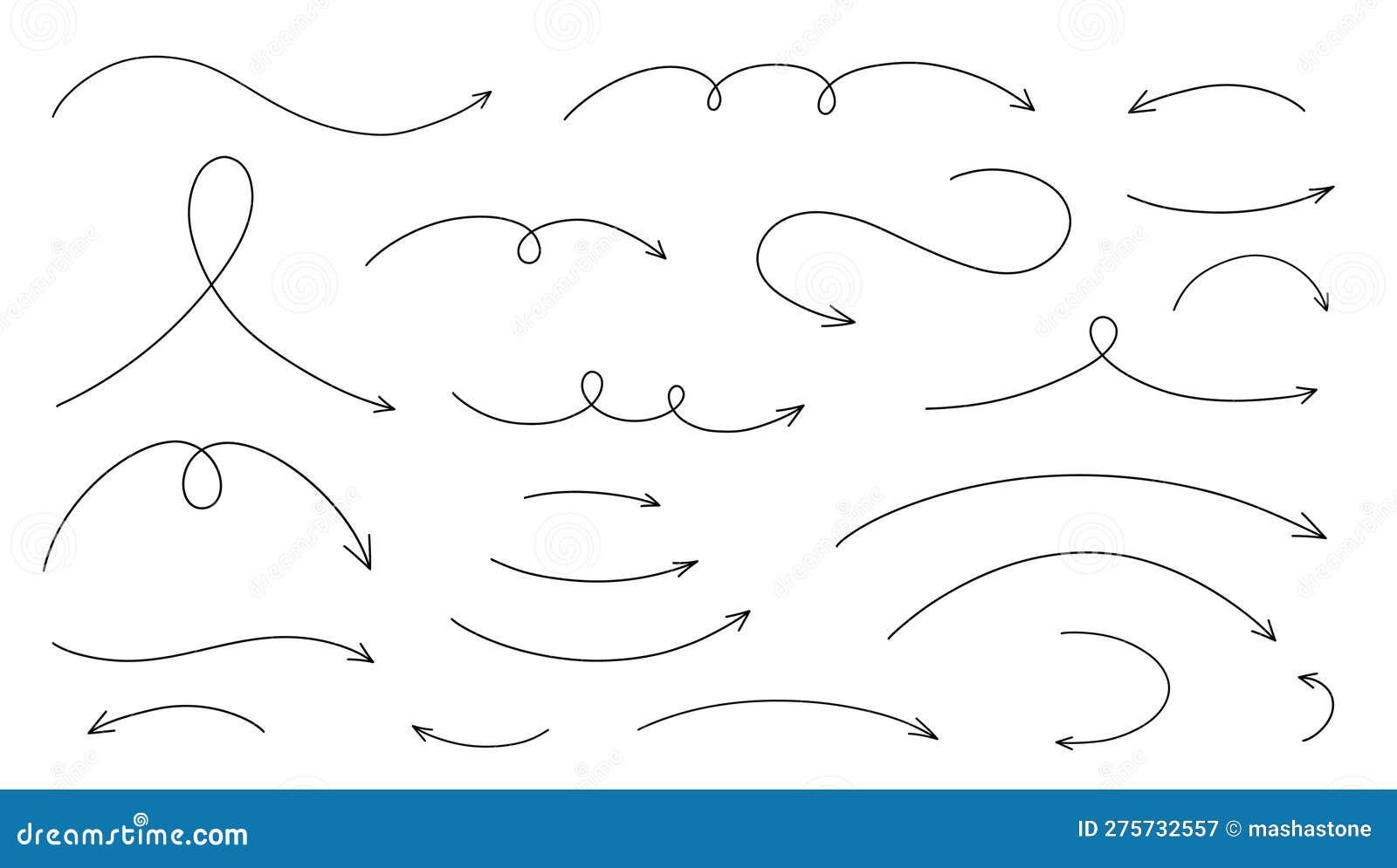 Hand Drawn Thin Line Arrows Set. Vector Curvy and Wavy Arrows Isolated ...