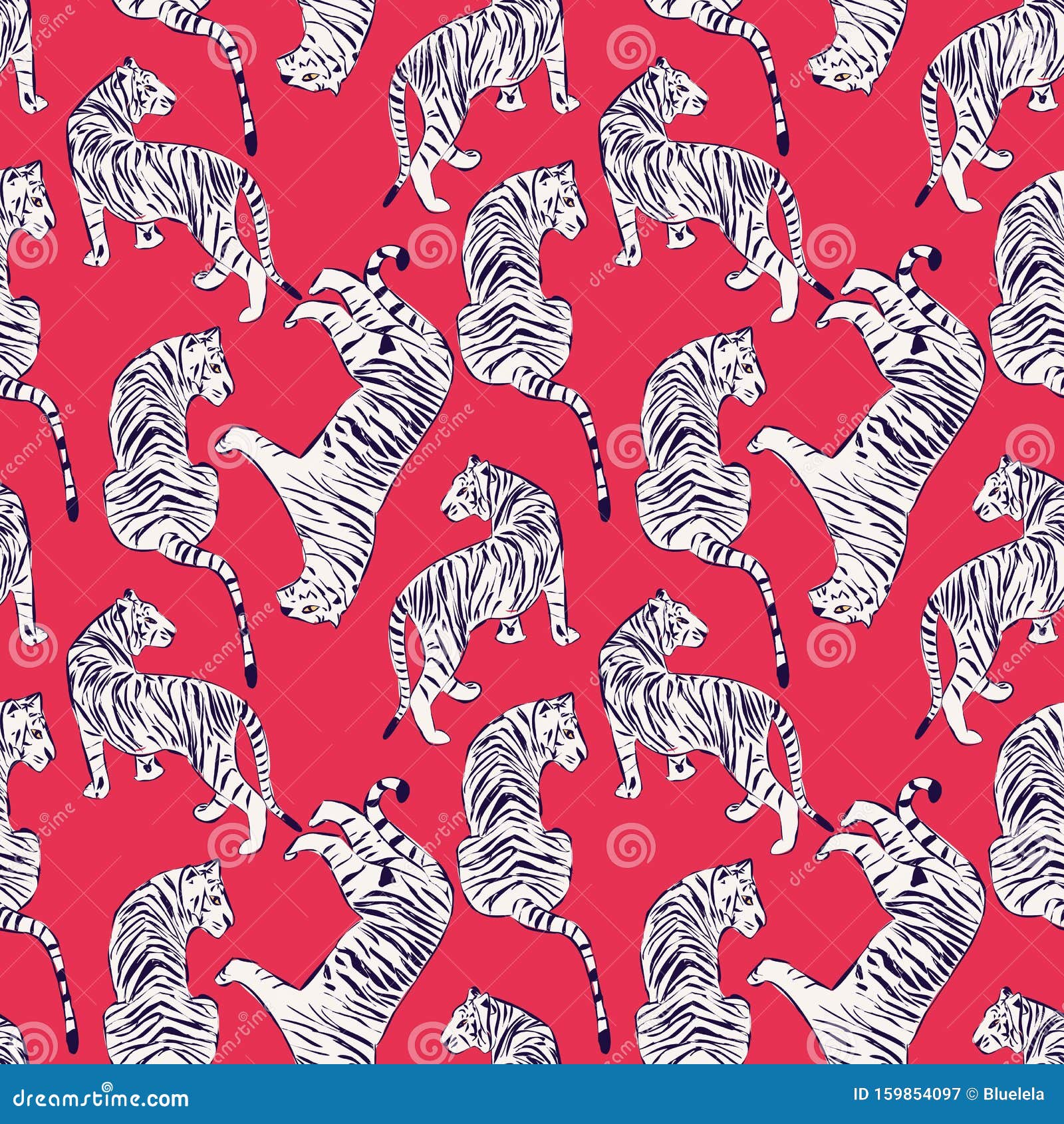 Hand Drawn Tiger Seamless Pattern, Big Cats In Different Position ...