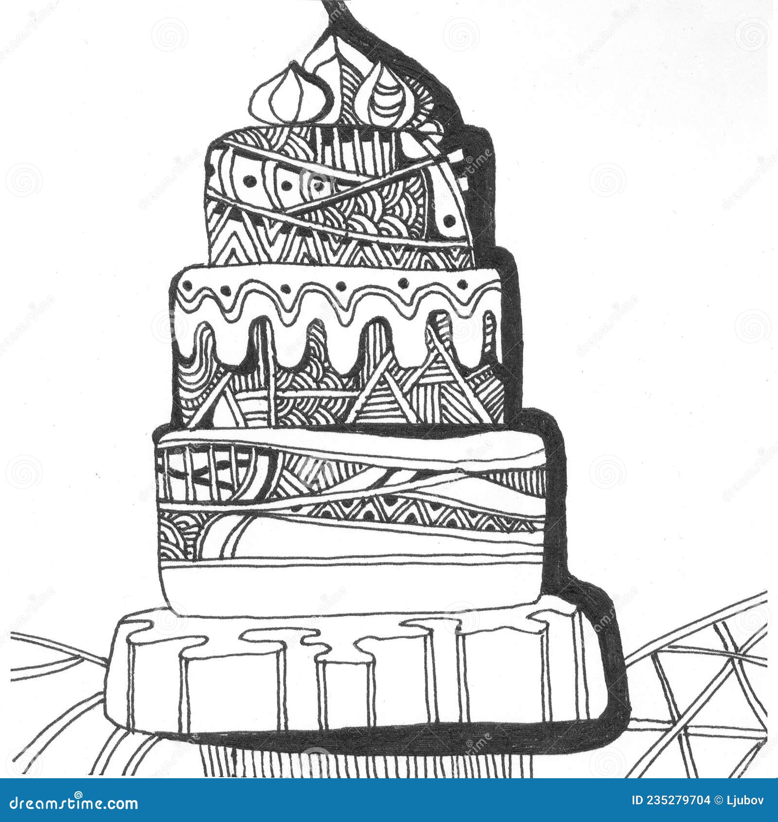 Hand Drawn Tower Cake Decorated with Cream. Black and White ...