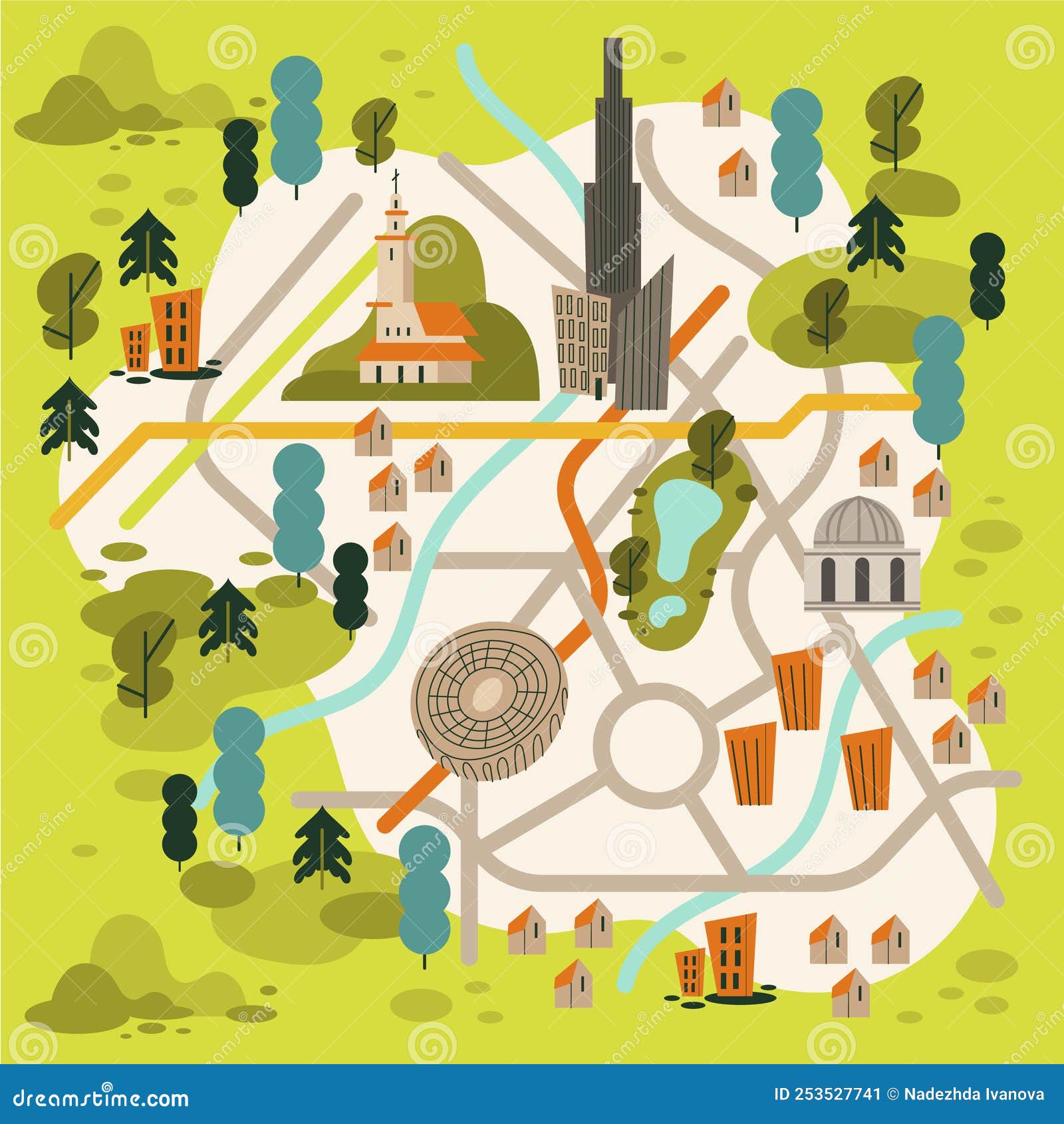 Hand Drawn Town Map Illustration Vector Illustration. Stock Vector ...