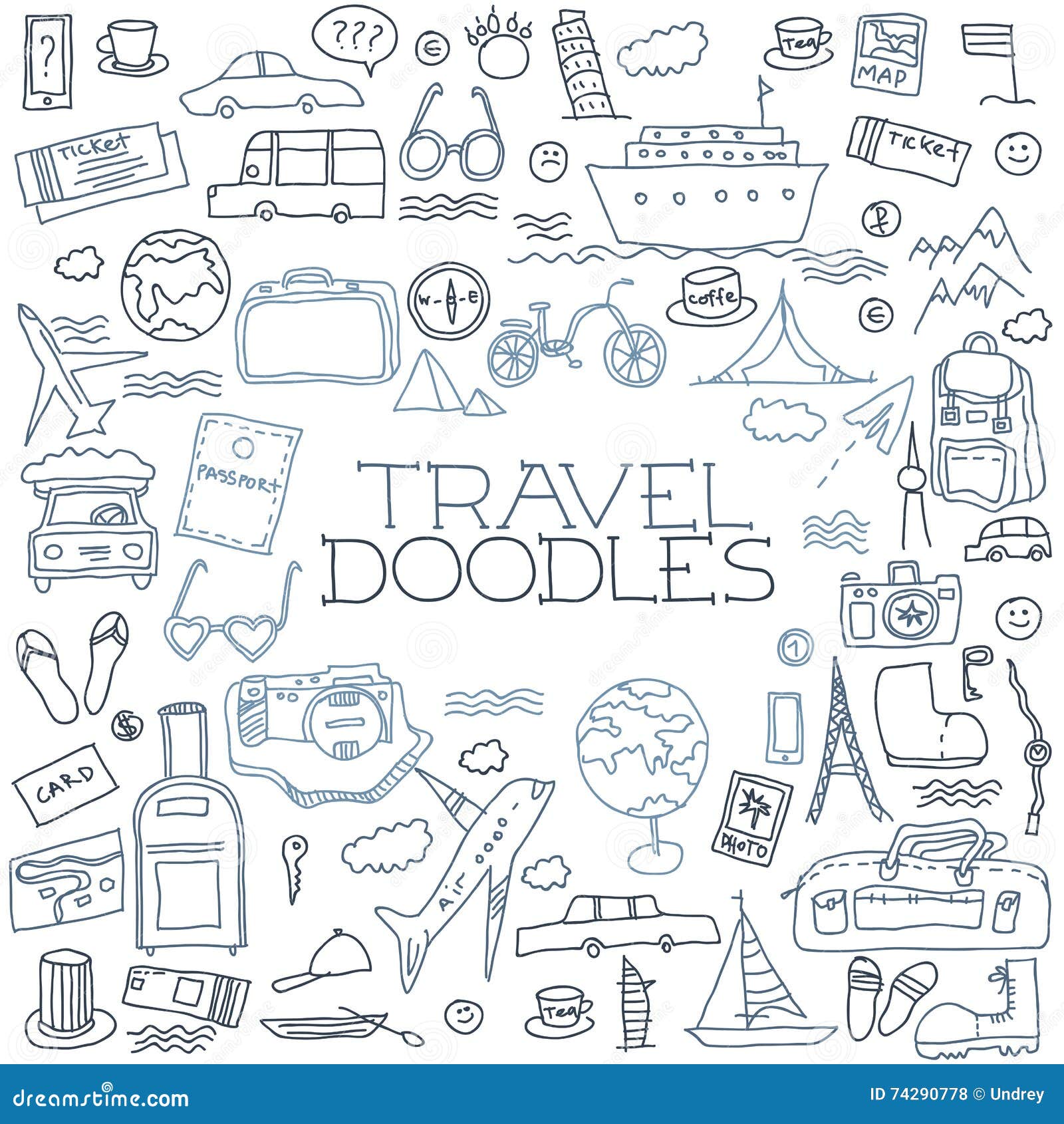 Travel And Tourism Themed Doodle Vector Set Illustration ...