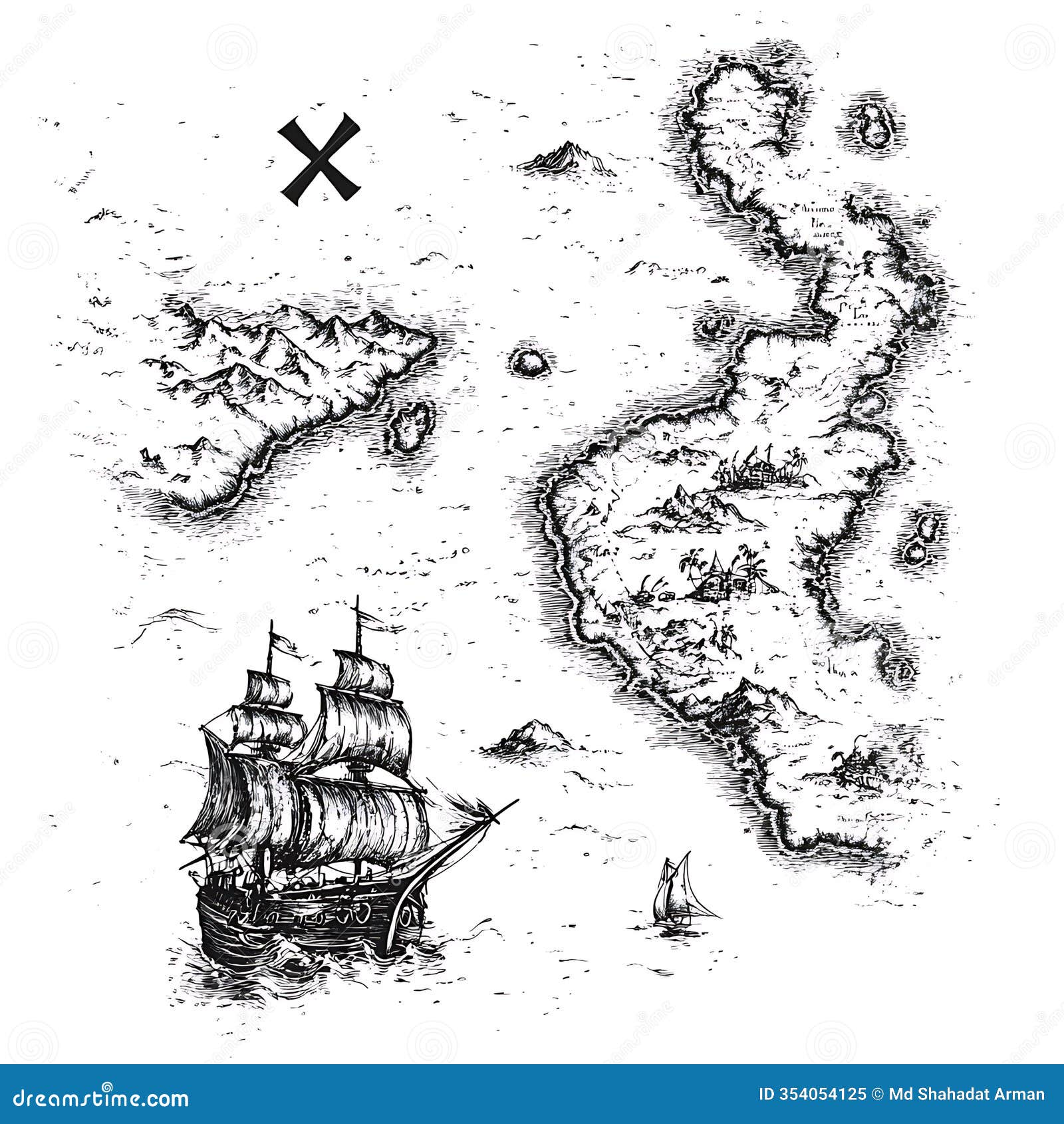 Hand-drawn Treasure Map with Sailing Ship and Islands Ink Sketch Stock ...
